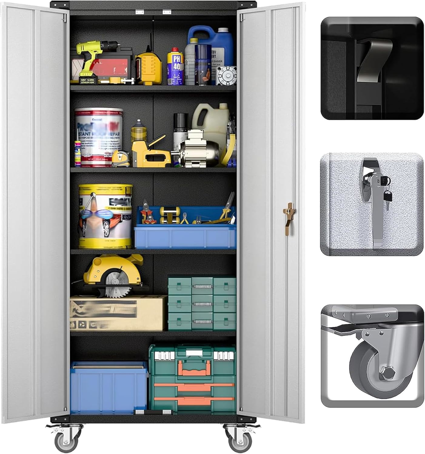 Metal Garage Storage Cabinet with Wheels, 72" H Rolling Tool Storage ...