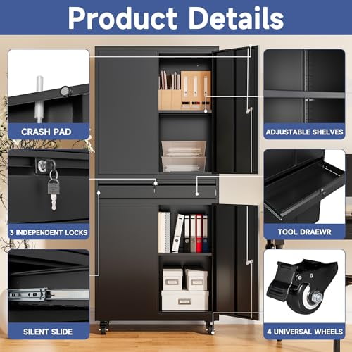 Metal Garage Storage Cabinet with Wheels, 73" Lockable Storage Cabinet ...