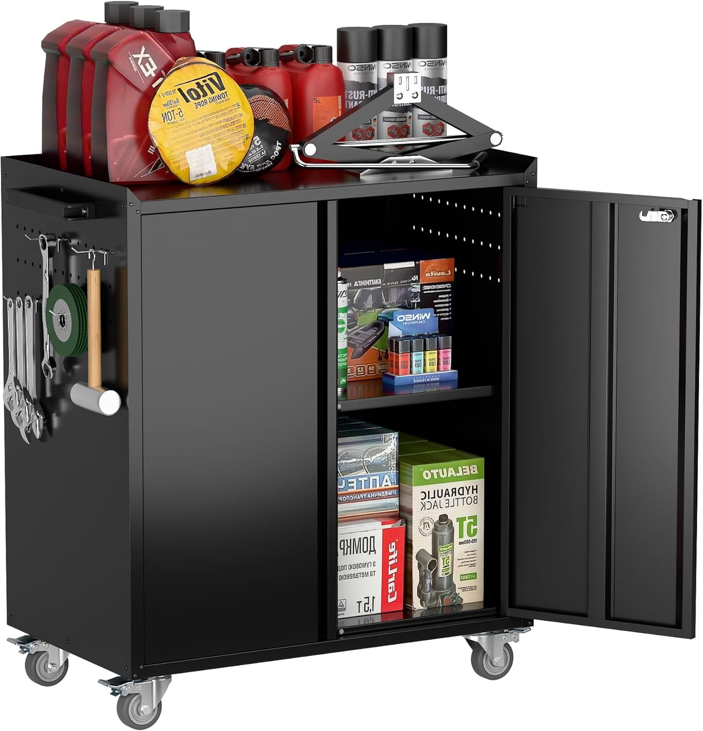 Metal Garage Storage Cabinet on Wheels, Black Steel Rolling Tool ...