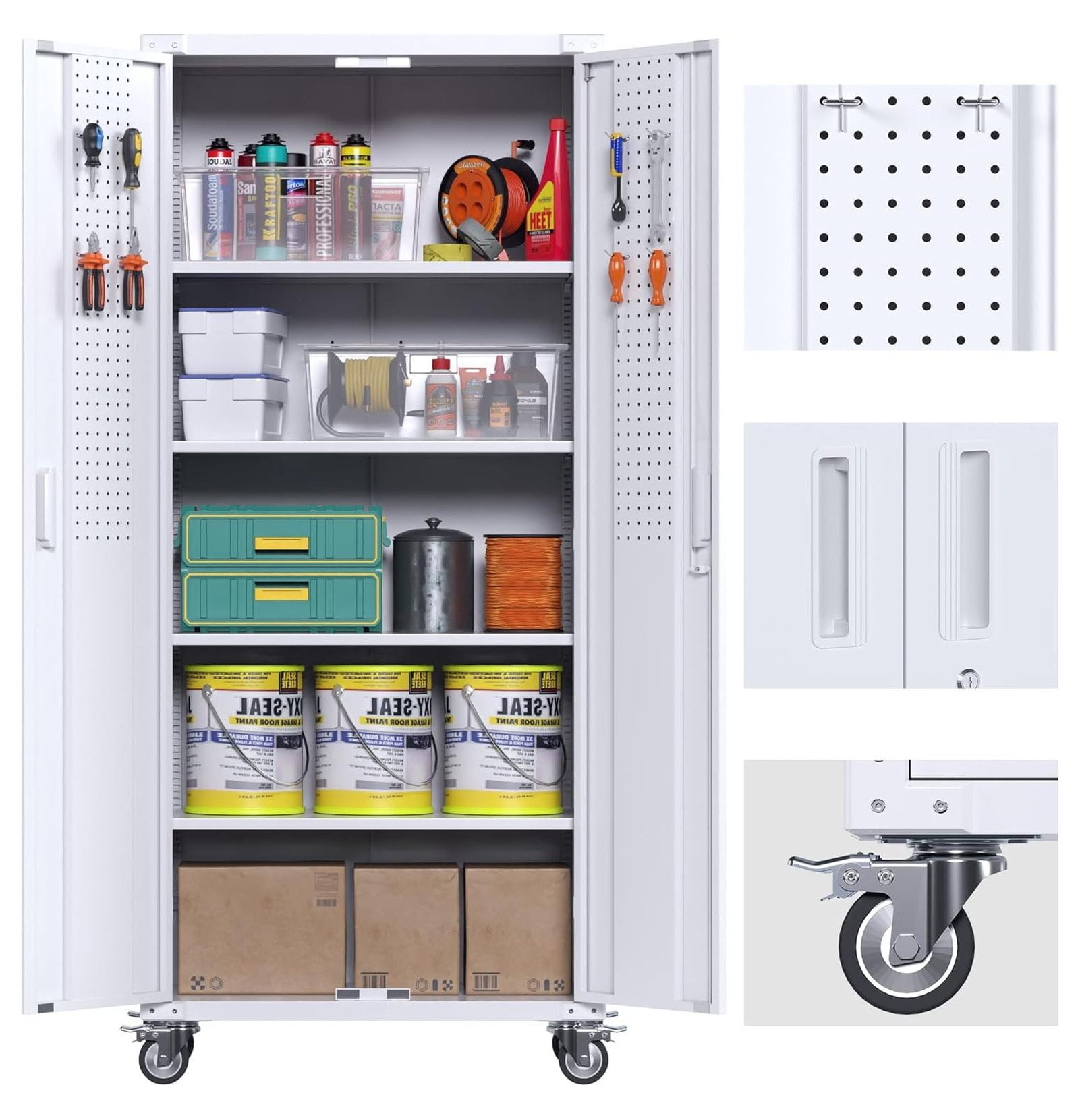 Metal Garage Storage Cabinet with Wheels & Pegboard,72In Lockable Steel ...
