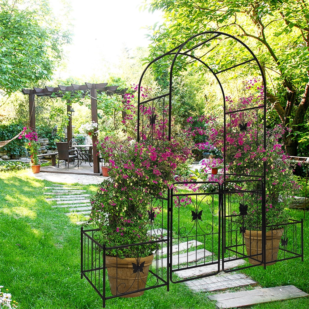 Metal Garden Arbor Arch with Gate & Side Planter Box, Heavy Duty Metal ...