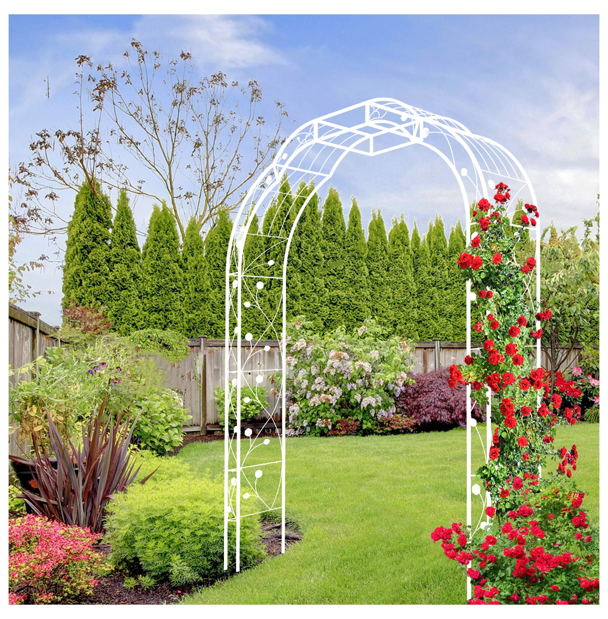 Metal Garden Arch 8.2ft x 6.2ft - Cream White Rose Arbor Trellis for ...