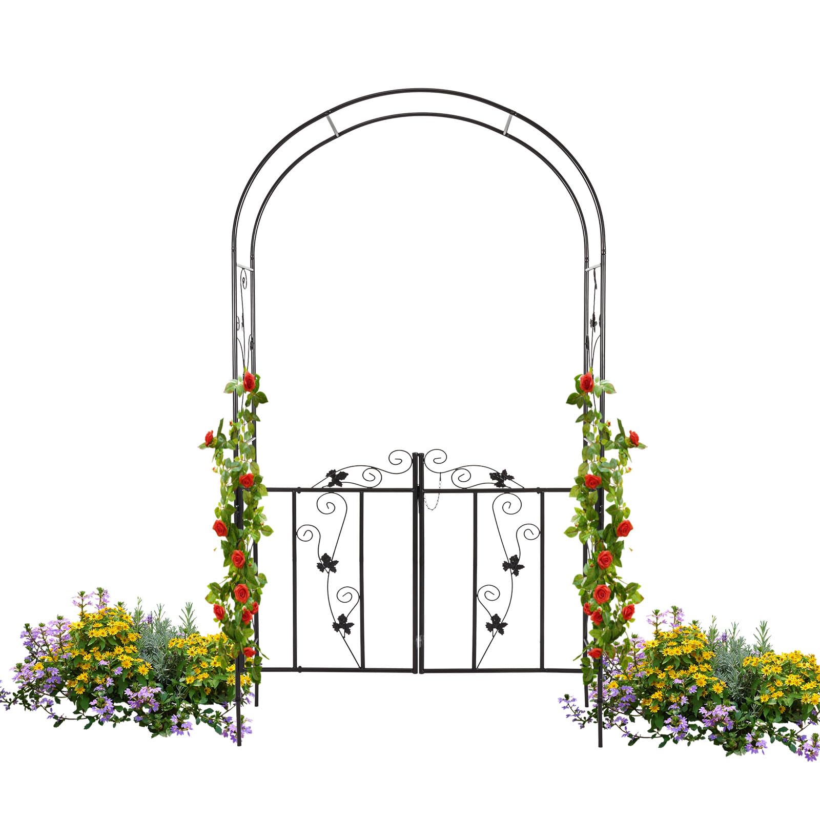 Metal Garden Arch with Gate, Sturdy Outdoor Arbor Trellis for Climbing ...