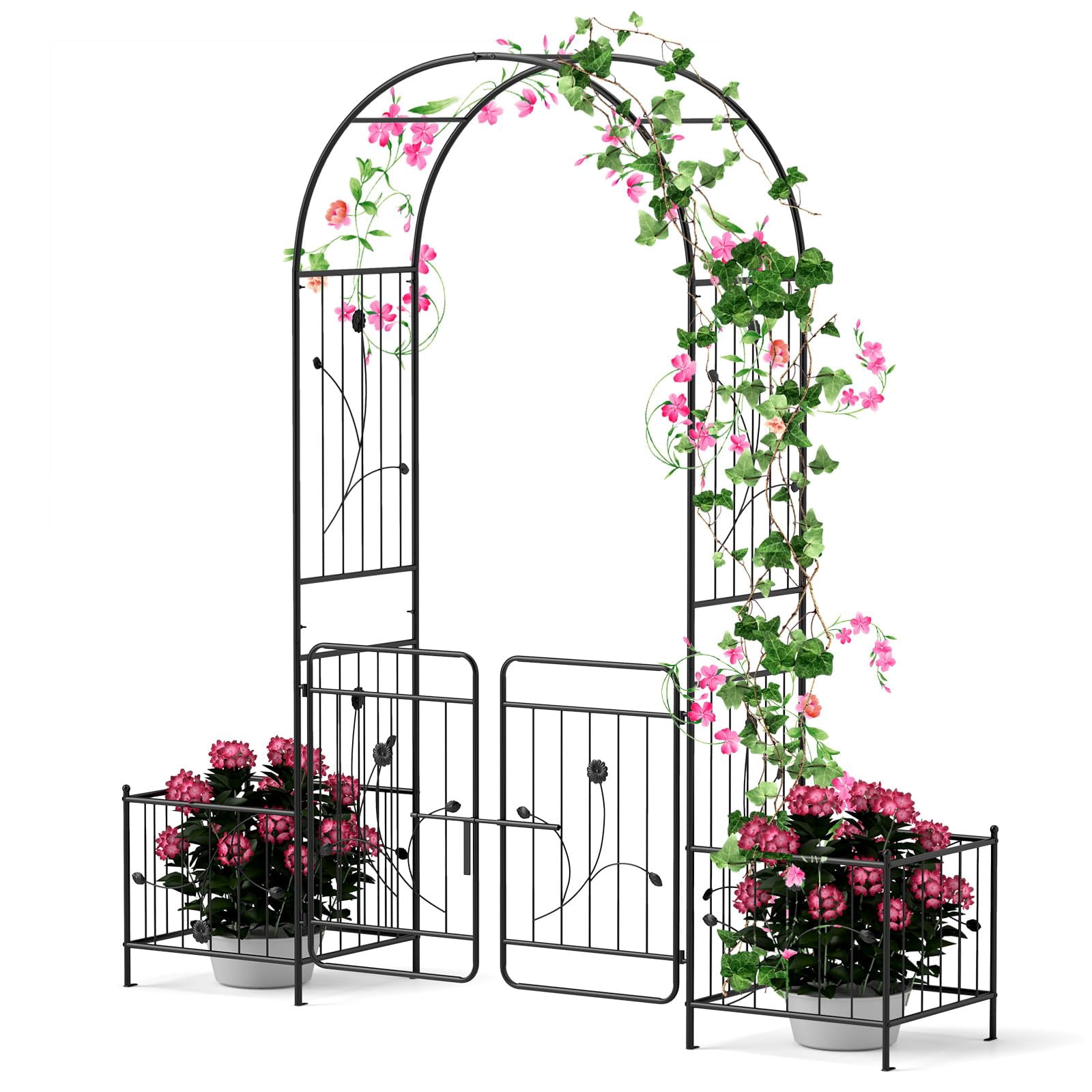 Metal Garden Arch with Planter Boxes, 86 Inch Tall Outdoor Arbor ...