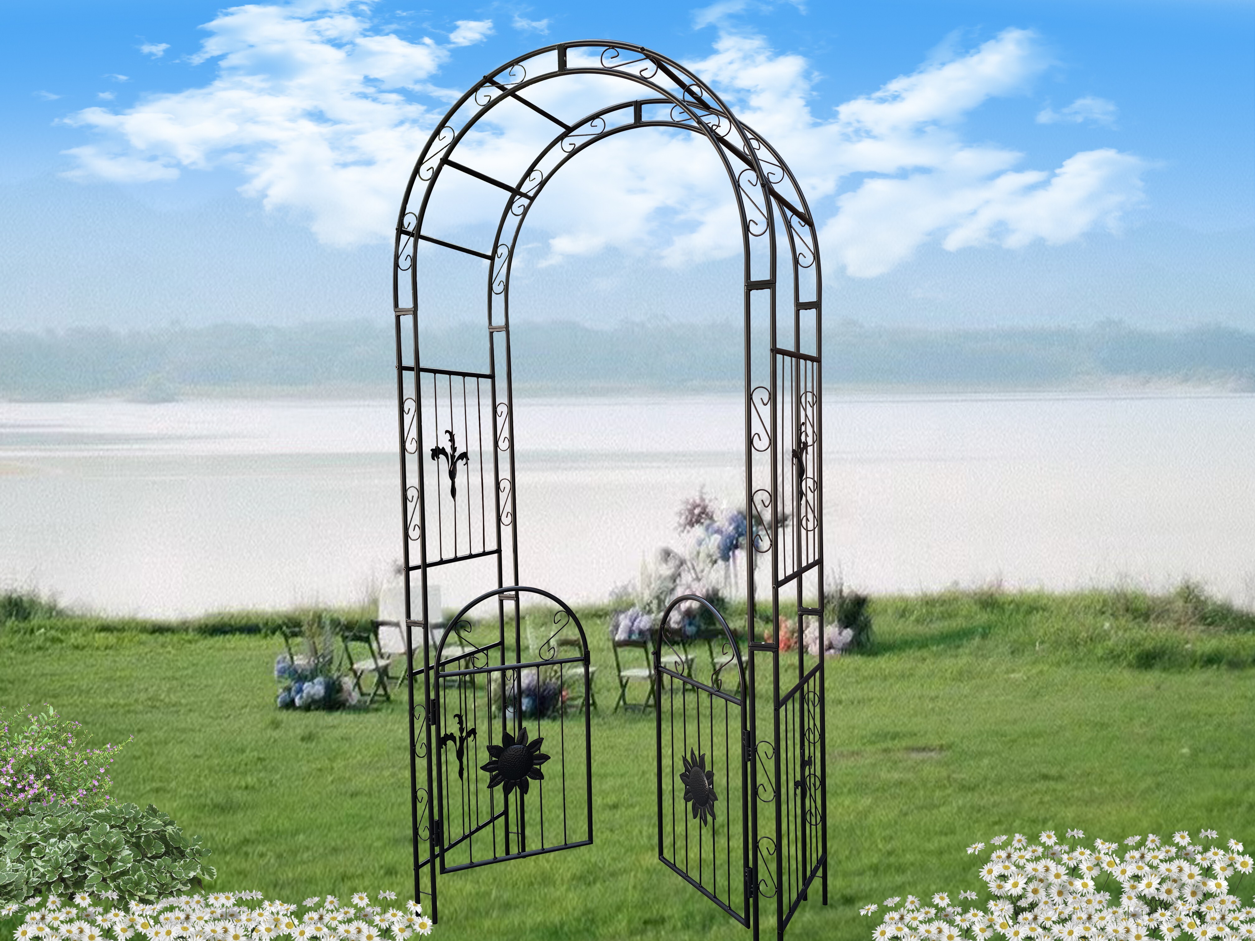 Metal Garden Arch with doors Garden Arbor Trellis Climbing Plants ...