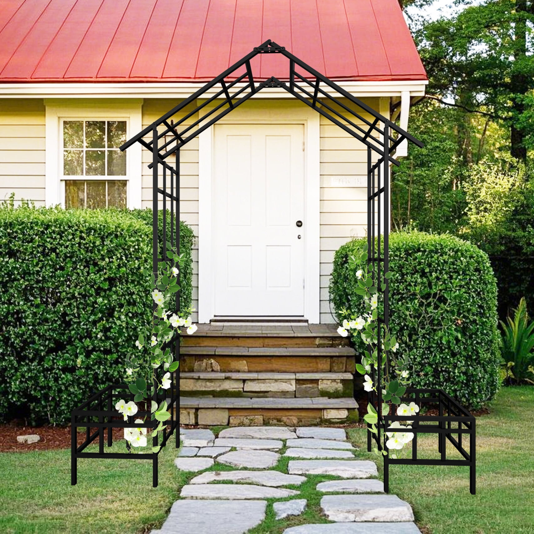 Metal Garden Arch with Adjustable Width & Plant Boxes, Heavy Duty Steel ...