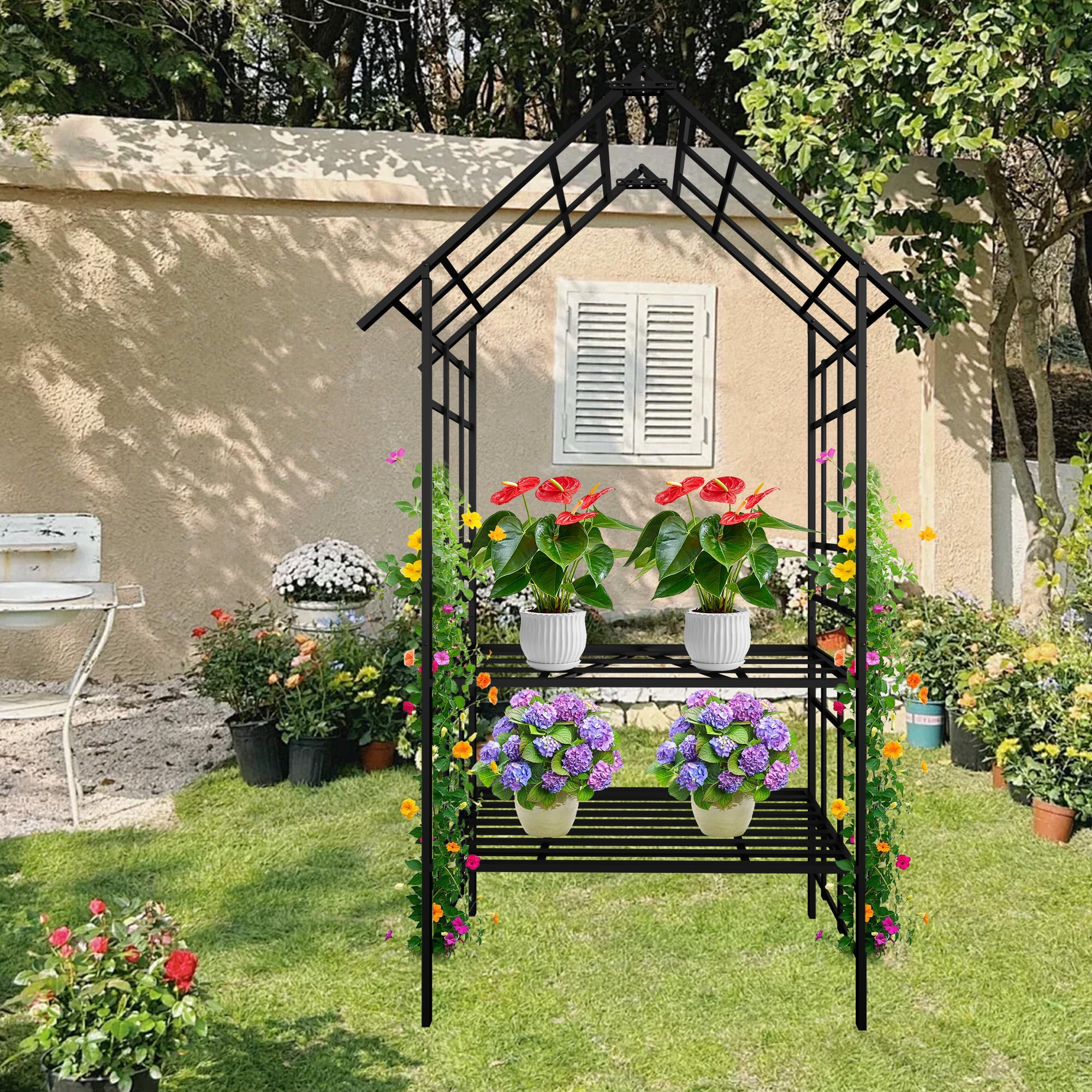 Metal Garden Arch with Bench Turned into Flower Stand W58.07*H97.24 ...