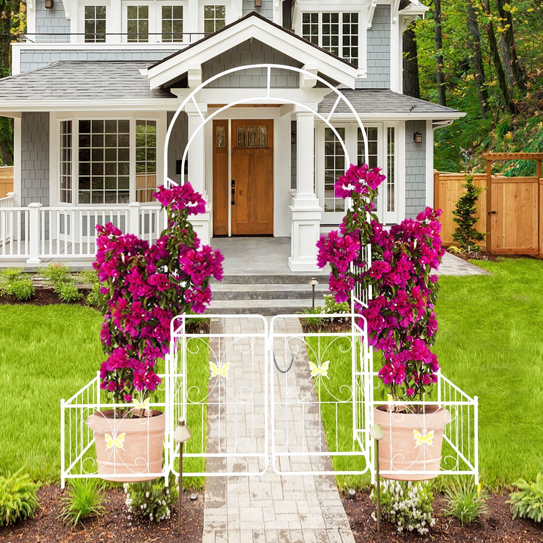 Metal Garden Arch with Double Gates in Cream White 86.6 Inches High for ...
