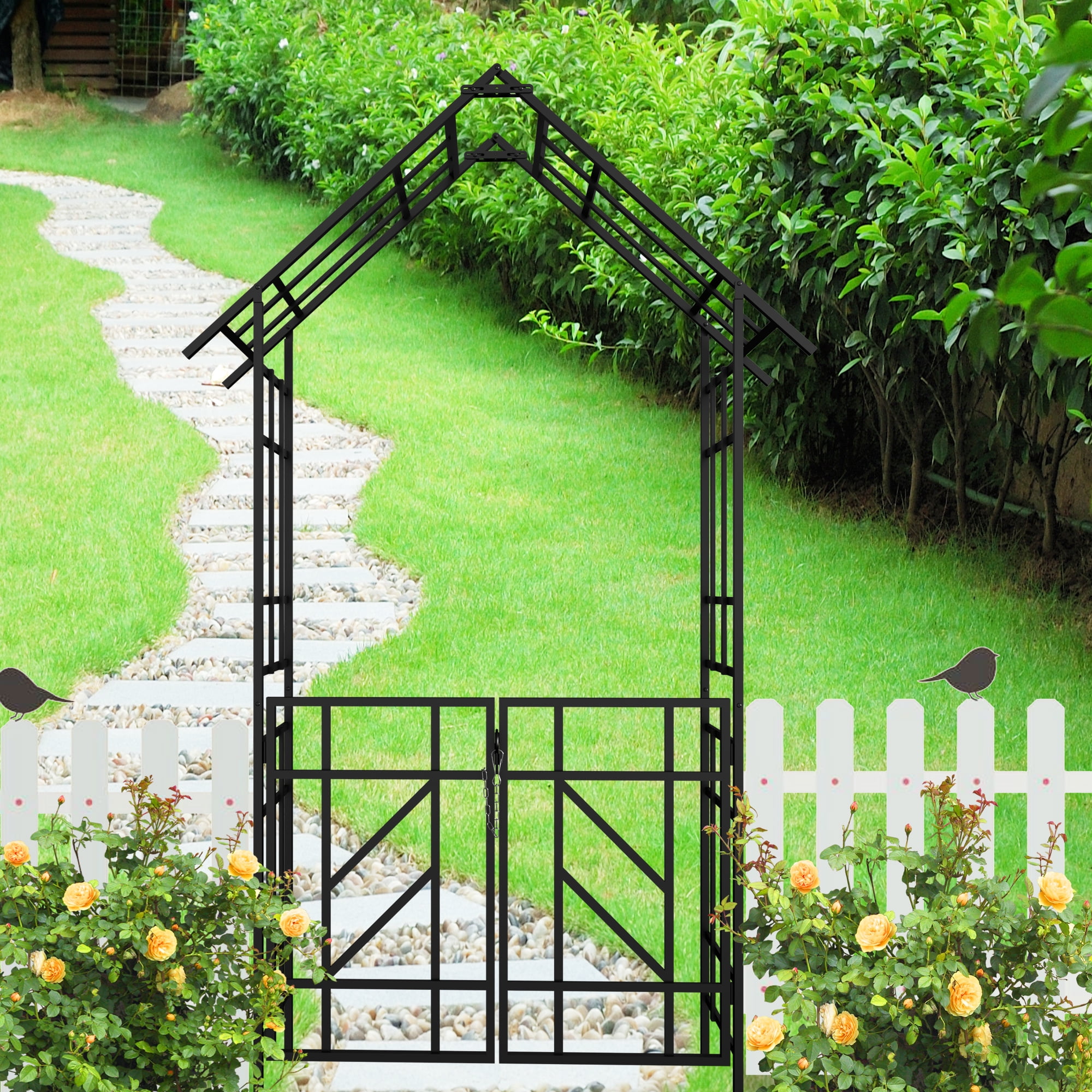 Metal Garden Arch with Gate W58.07*H97.24 Climbing Plants Support Rose ...
