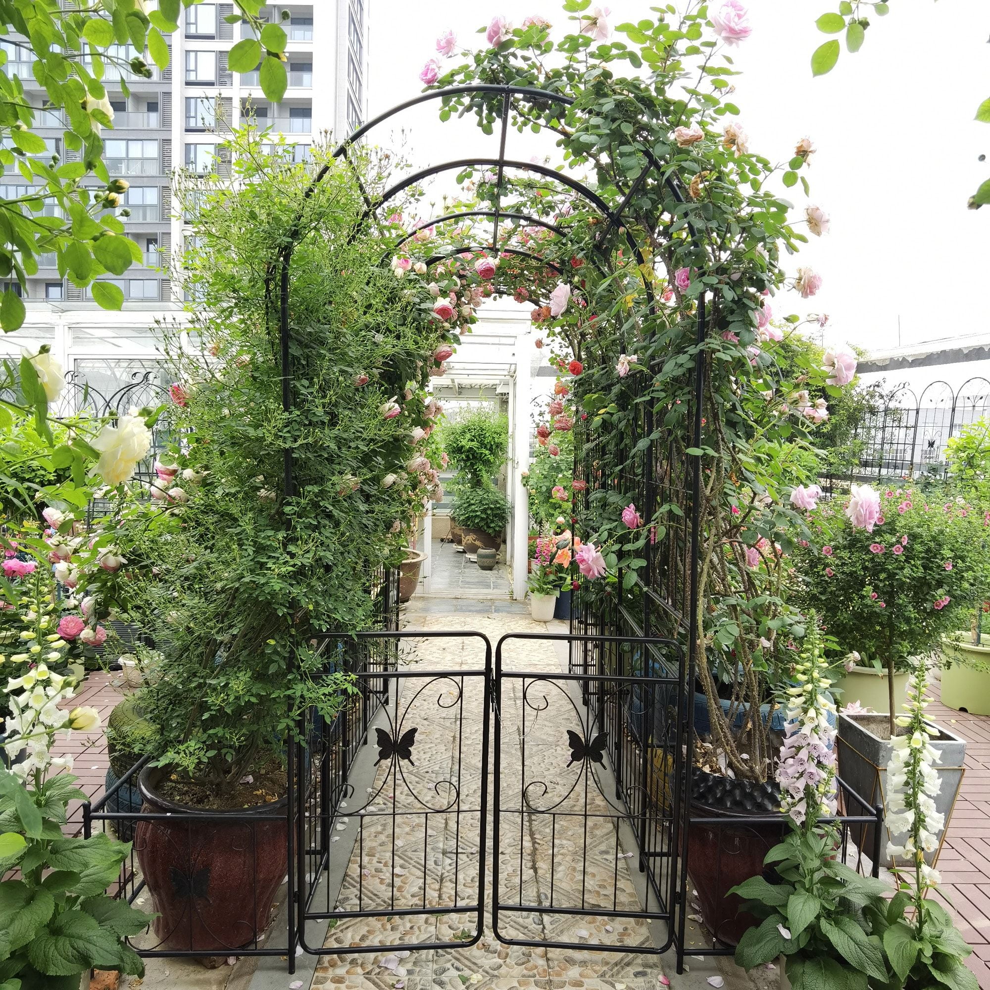 Metal Garden Arch with Gate and Plant Pot Garden Arbor Trellis Climbing ...