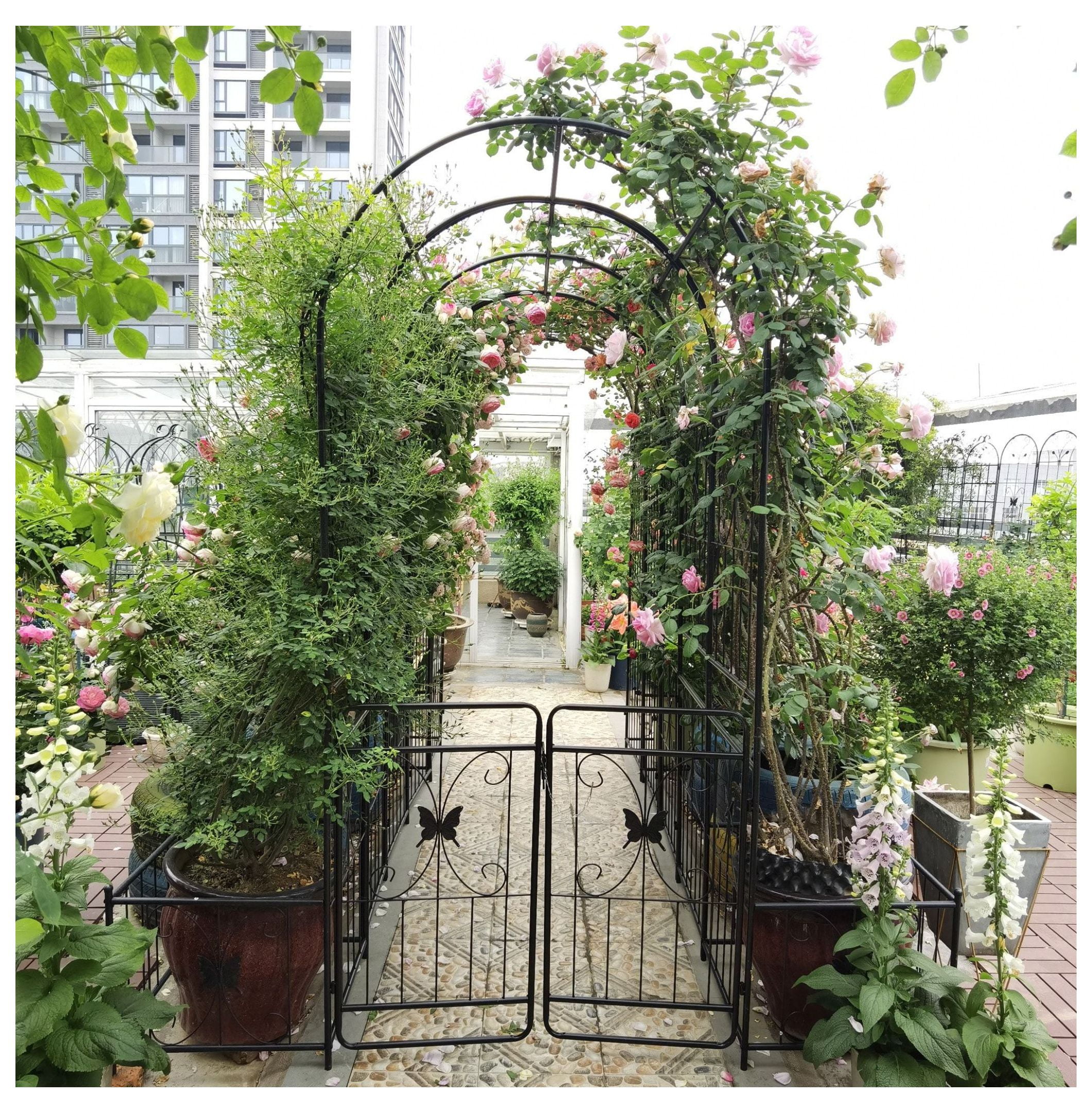 Metal Garden Arch with Gate and Plant Pot Garden Arbor Trellis Climbing ...