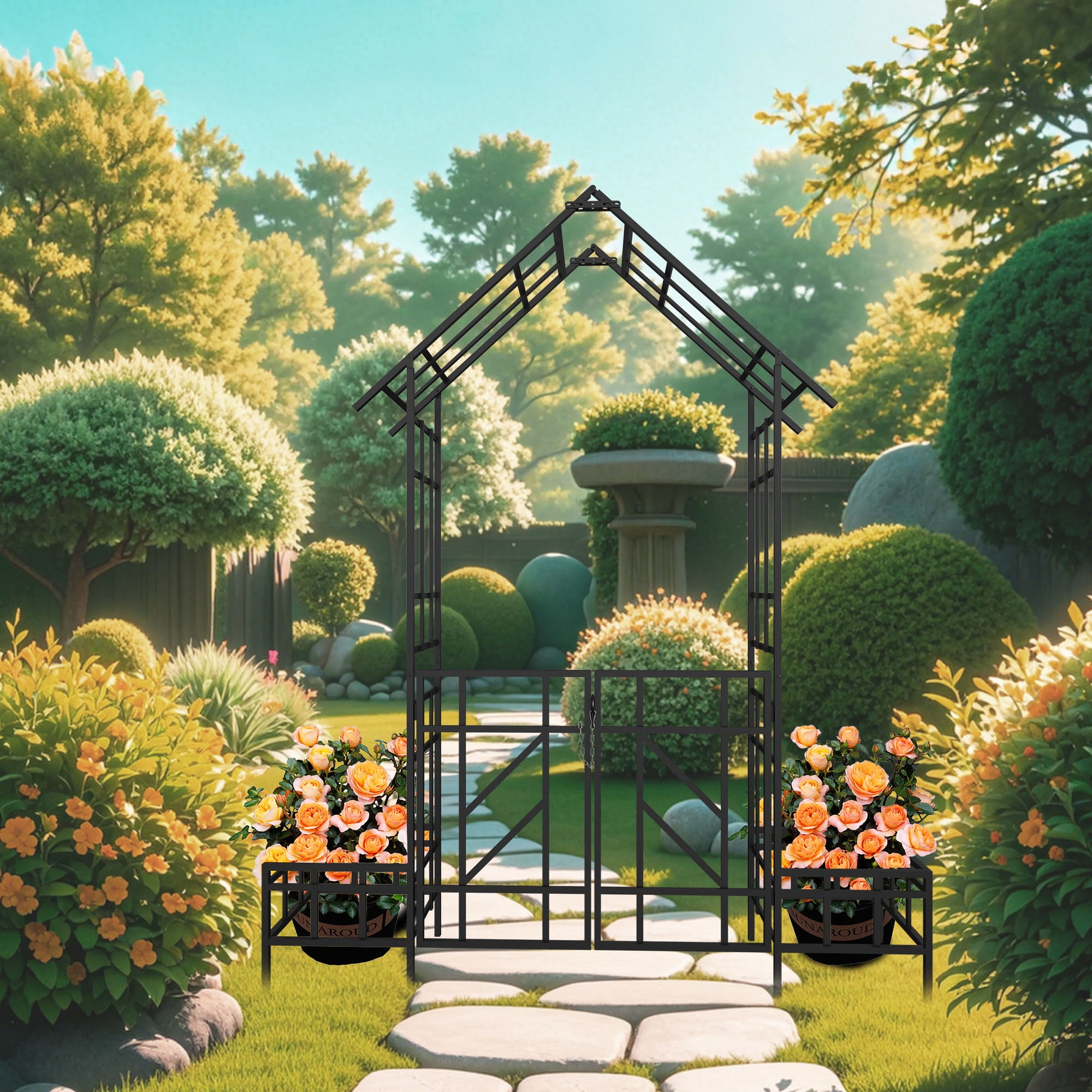 Metal Garden Arch with Gate in Elegant Black Finish, Measuring W80.71 ...