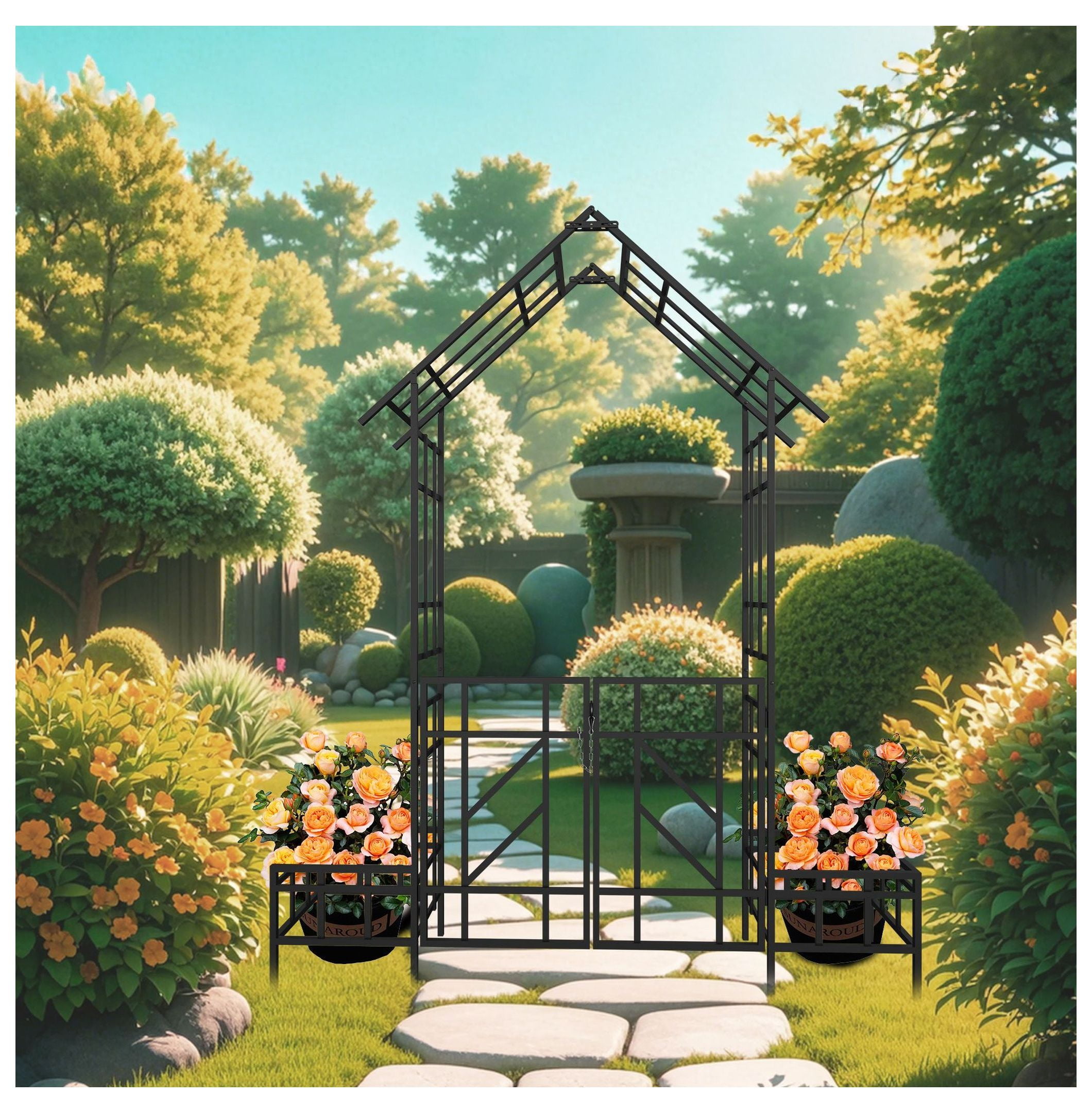 Metal Garden Arch with Gate with planter W80.71*H97.24 Climbing Plants ...