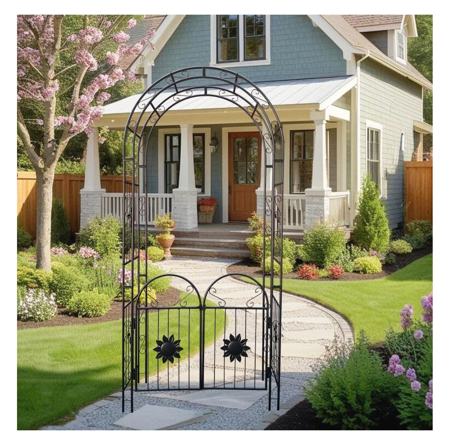 Metal Garden Arch with doors Garden Arbor Trellis Climbing Plants ...