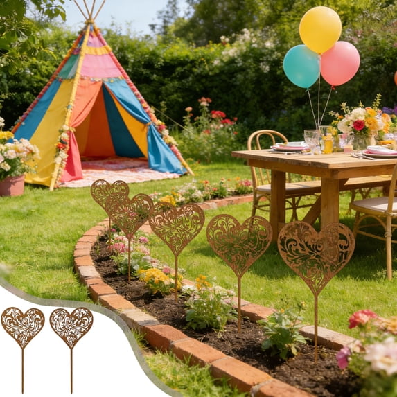 Metal Garden Heart Stakes Set of 2 Rusted Iron Scroll Pattern Lawn and ...