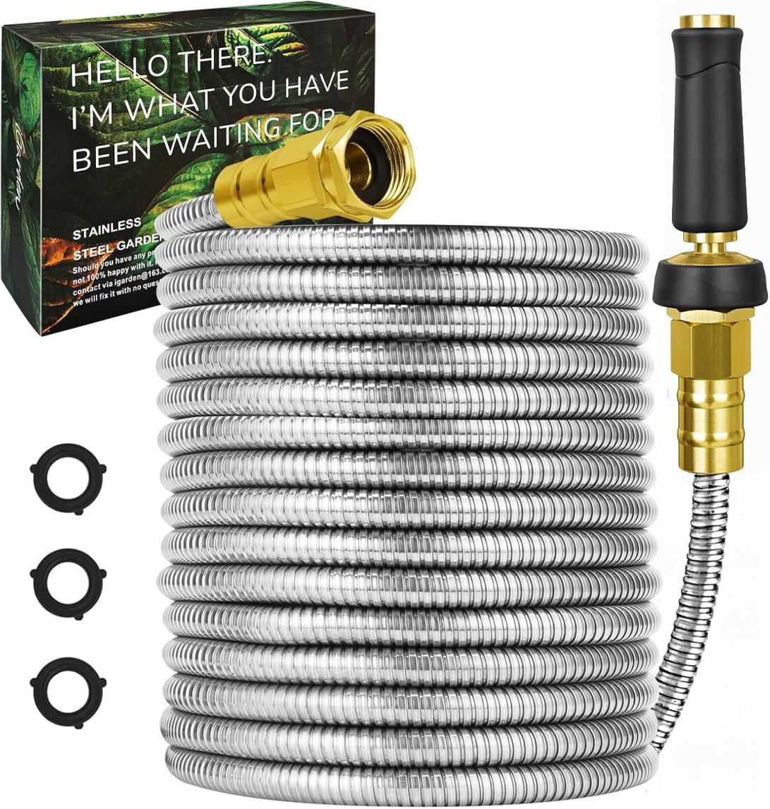 Metal Garden Hose 100FT with Brass Nozzle, Stainless Steel 304 Water ...