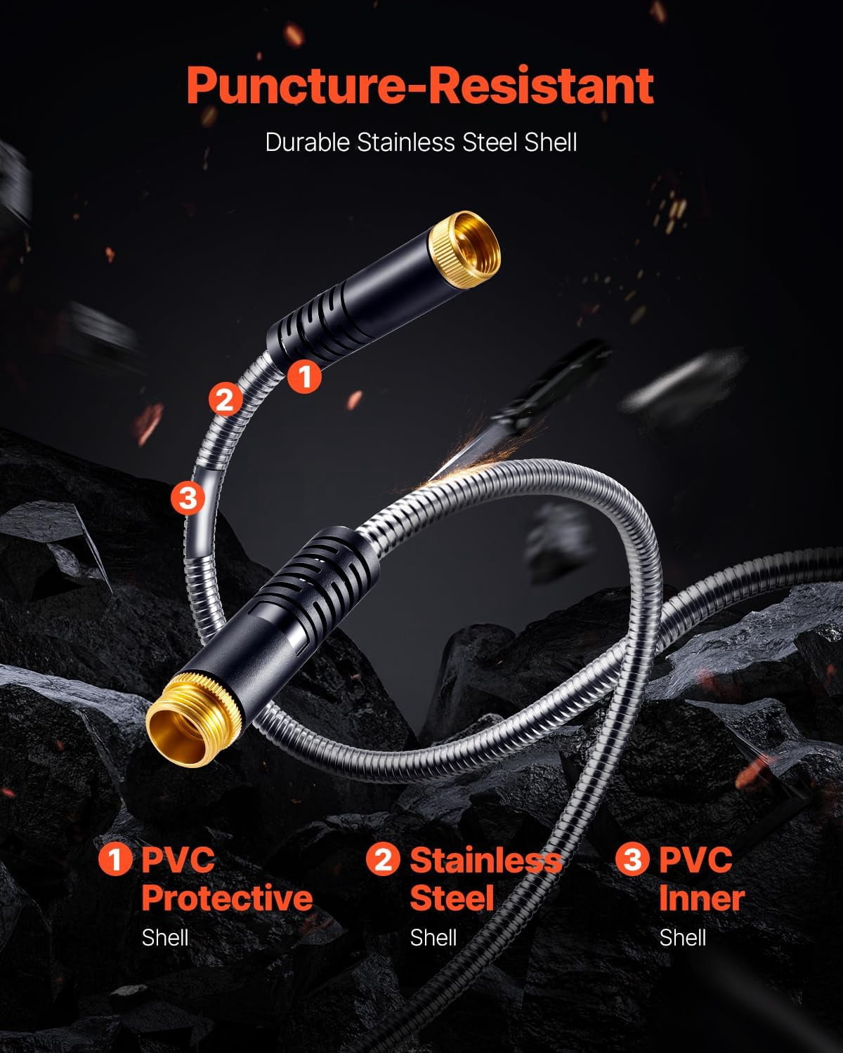 Metal Garden Hose 75 ft, Rust Proof Stainless Steel Water Hose, Heavy ...