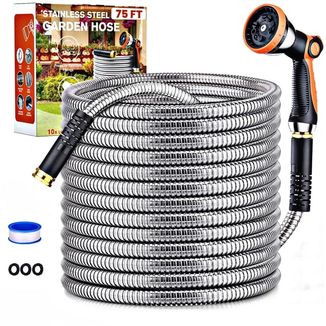 75FT Metal Garden Hose, 304 Stainless Steel with 10-Function Spray ...