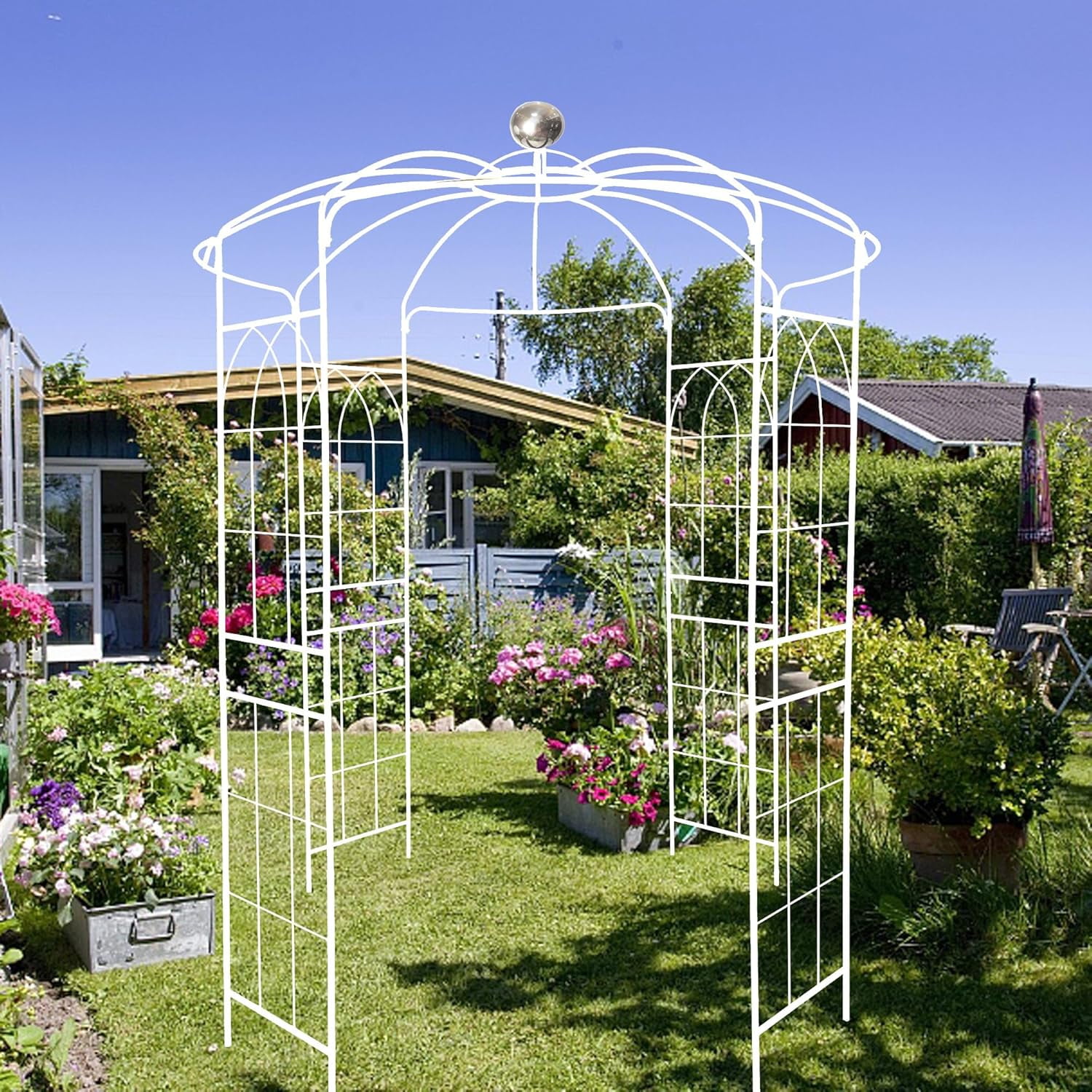 Metal Garden Trellis Arbor Arch Gazebo Birdcage Shape, White Pergola ...