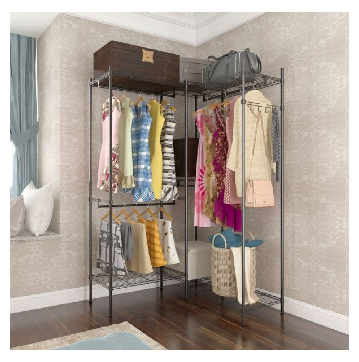 Metal Garment Rack Closet Organizer, Portable Clothes Rack with Shelves ...