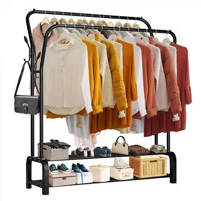 Double-Pole, Double-Layer Metal Garment Rack with Rod Shelf for ...