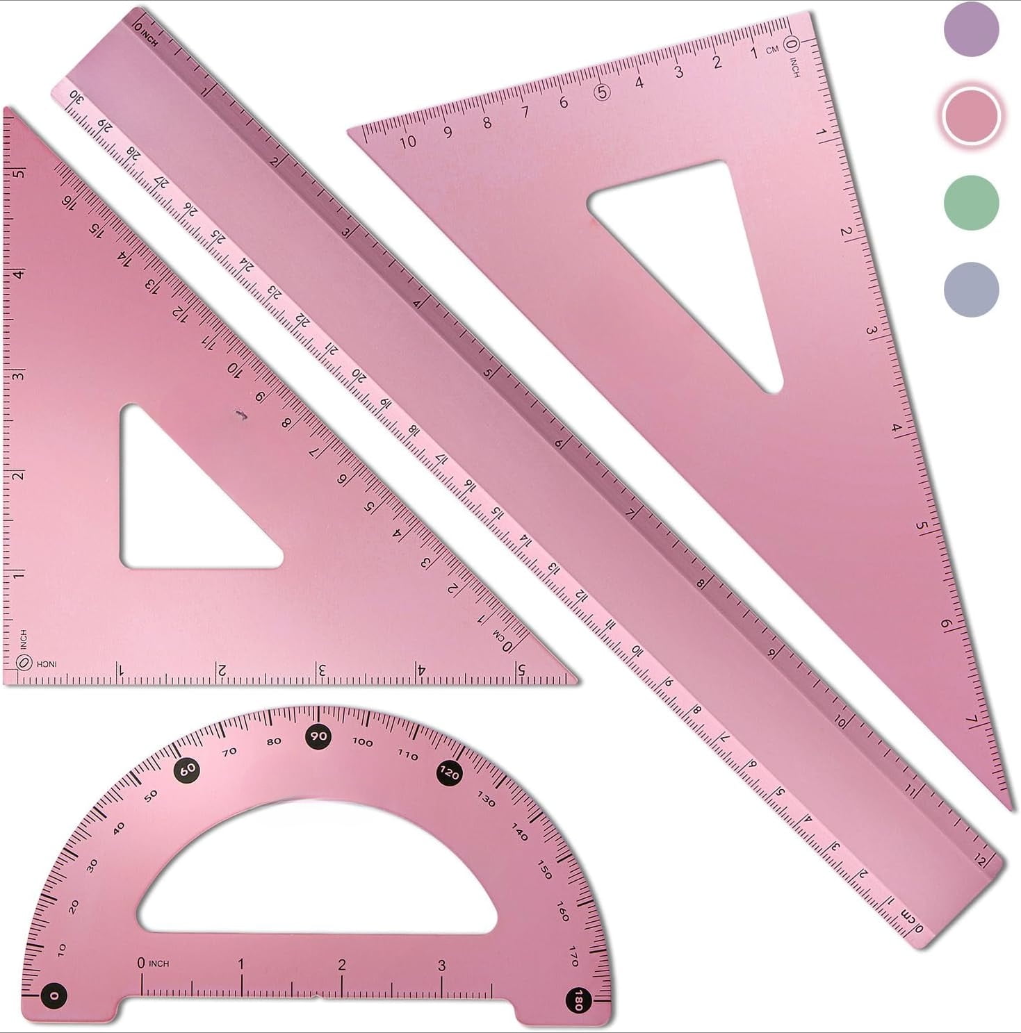 Metal Geometry Kit - 4Pack Set Square, Protractor, Aluminum Ruler ...
