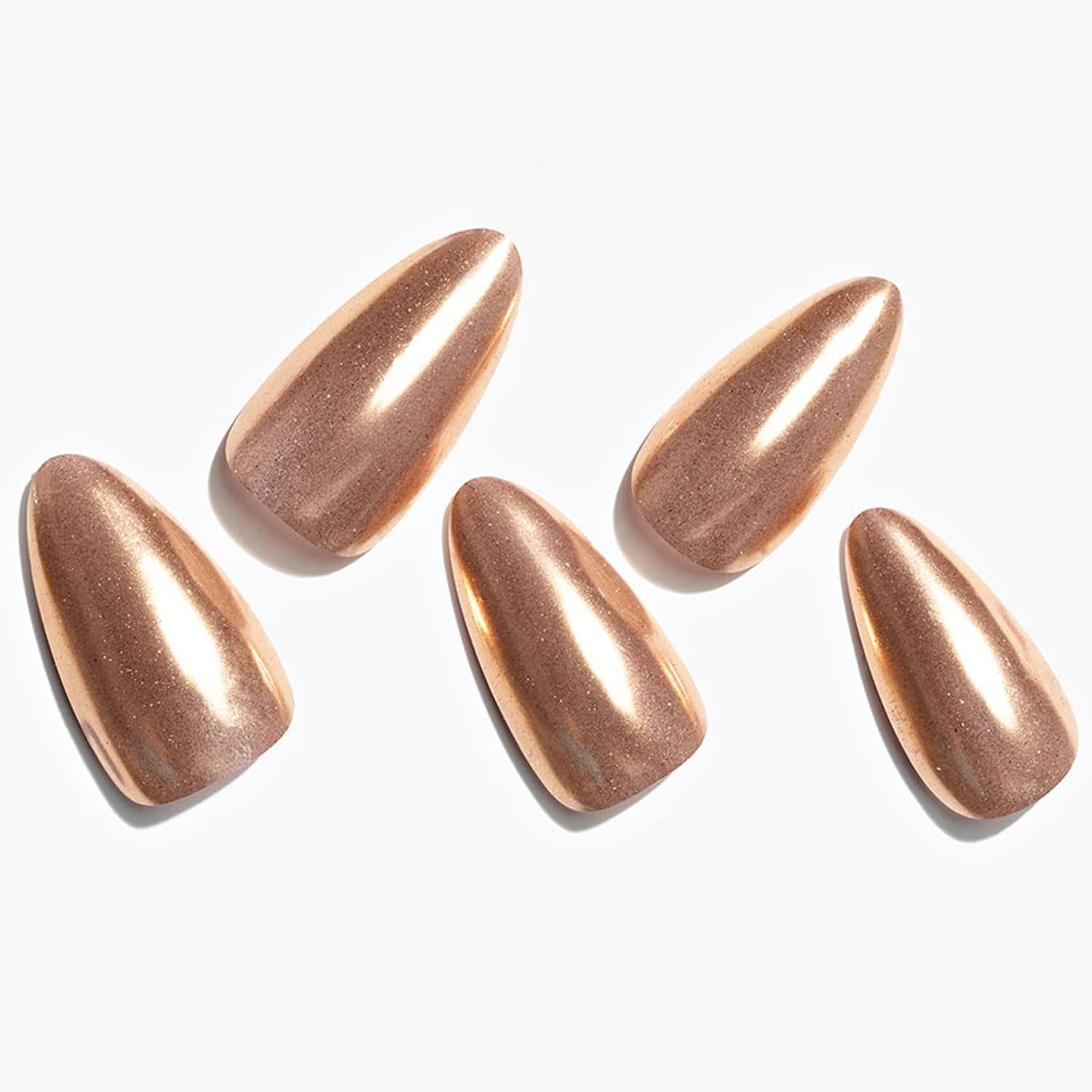 Metal Gold Press on Nails Medium Almond, Mirror Powder Handmade Jelly Gel Fake Nails Stiletto ...
