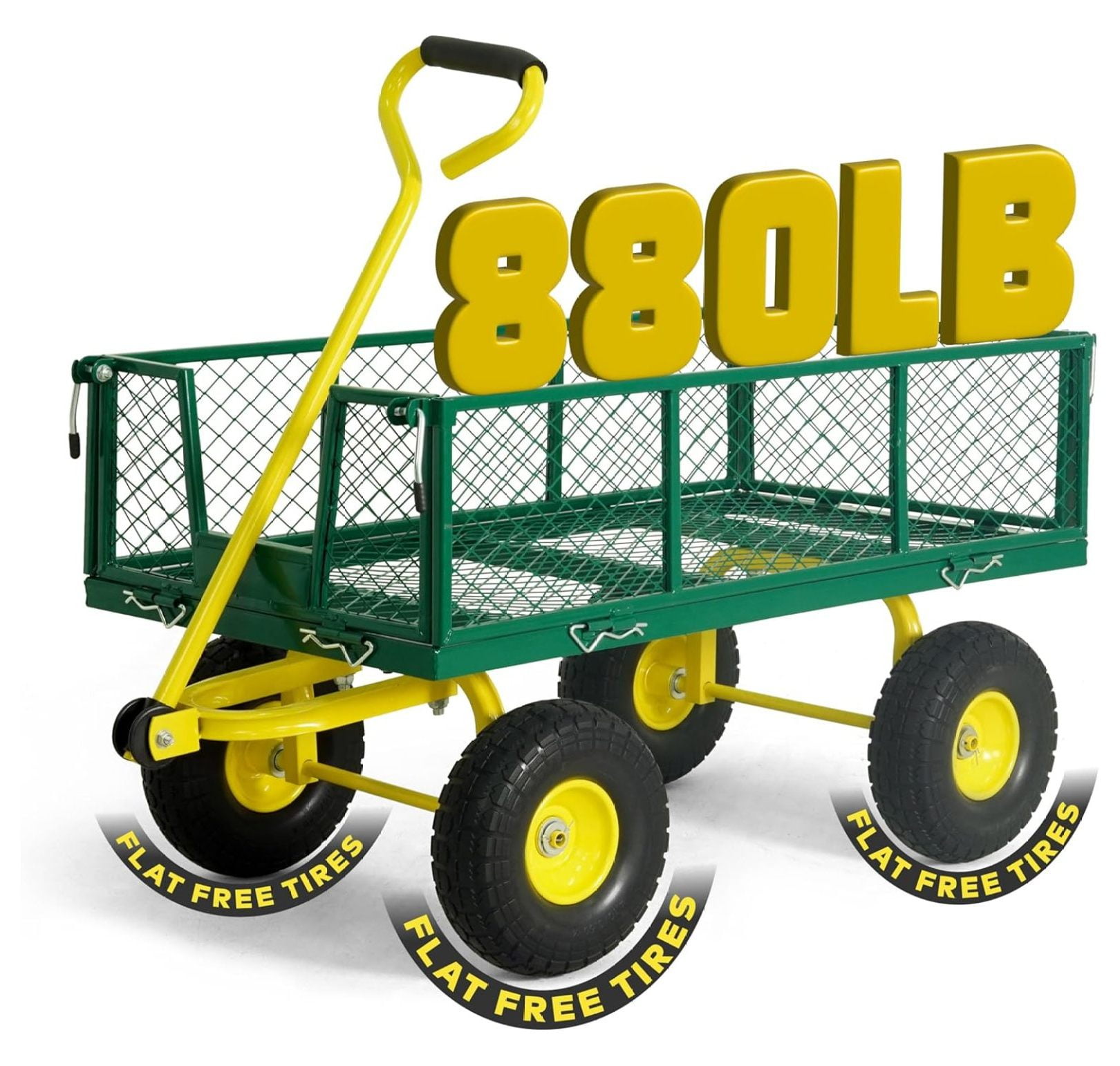 Metal Green Garden Cart, w/ 180° Adjustable Yellow Handle, w/Mat and ...