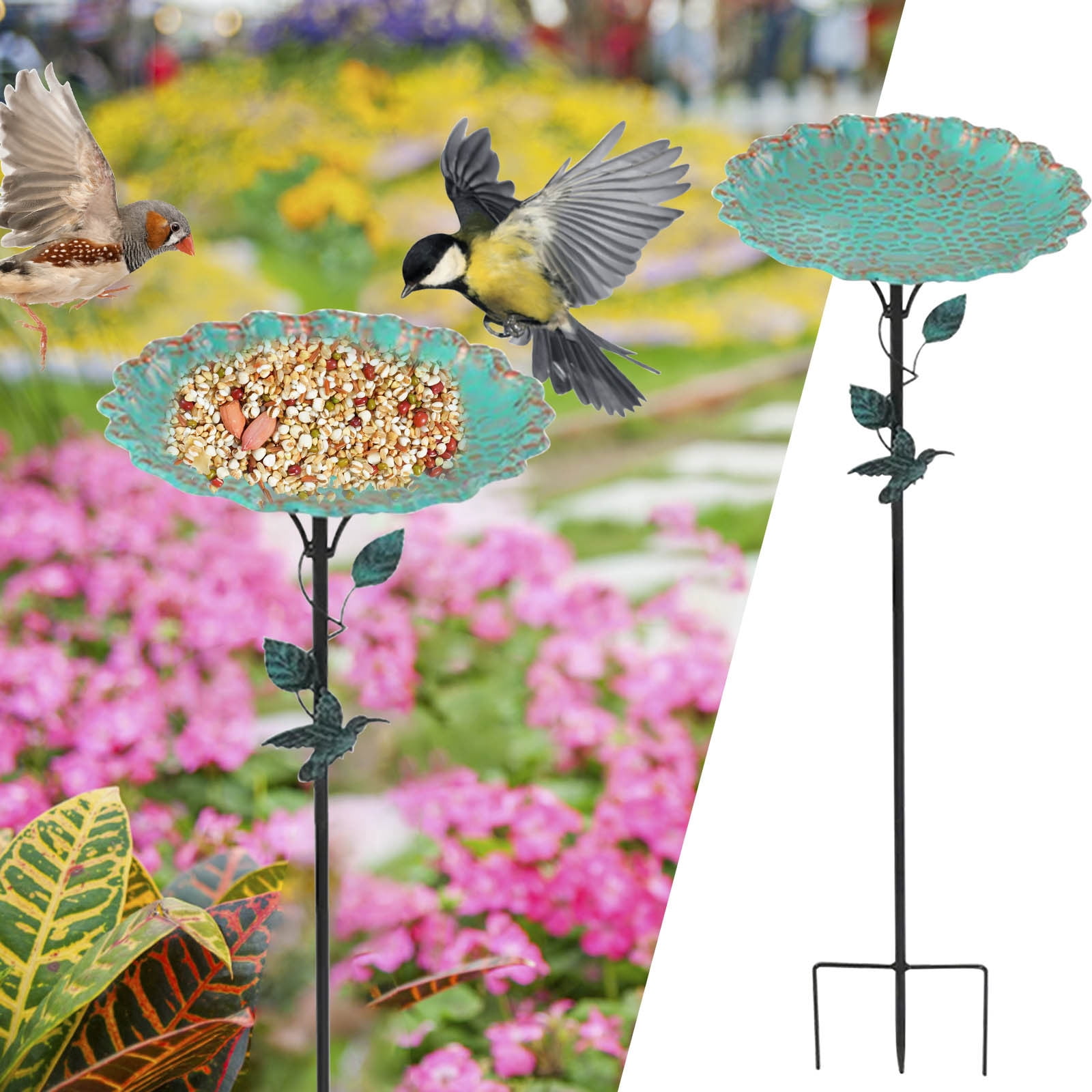 Metal Ground Birds Bath Feeder - Outdoor Garden Water Tray with Stake ...