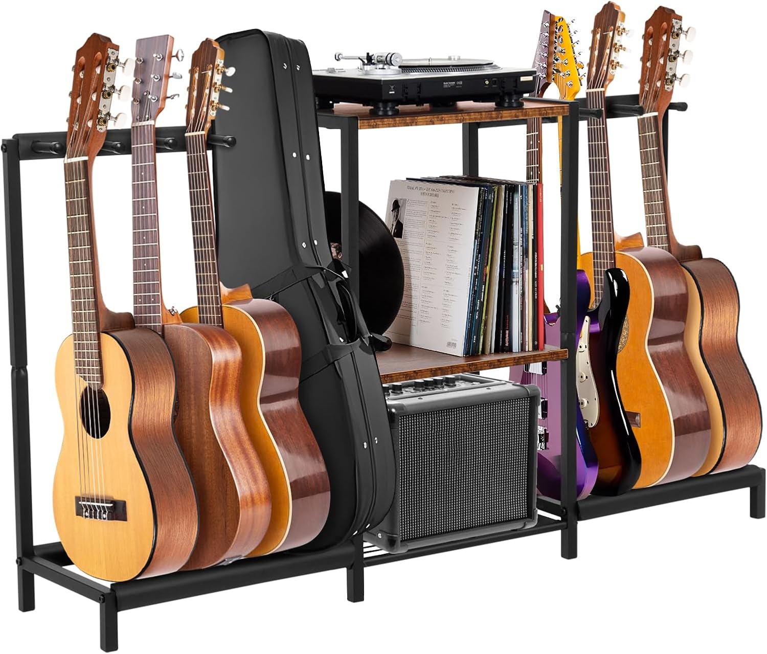 Metal Guitar Stand for 8 Guitars,Floor Guitar Holder with 3-Tier Wood ...