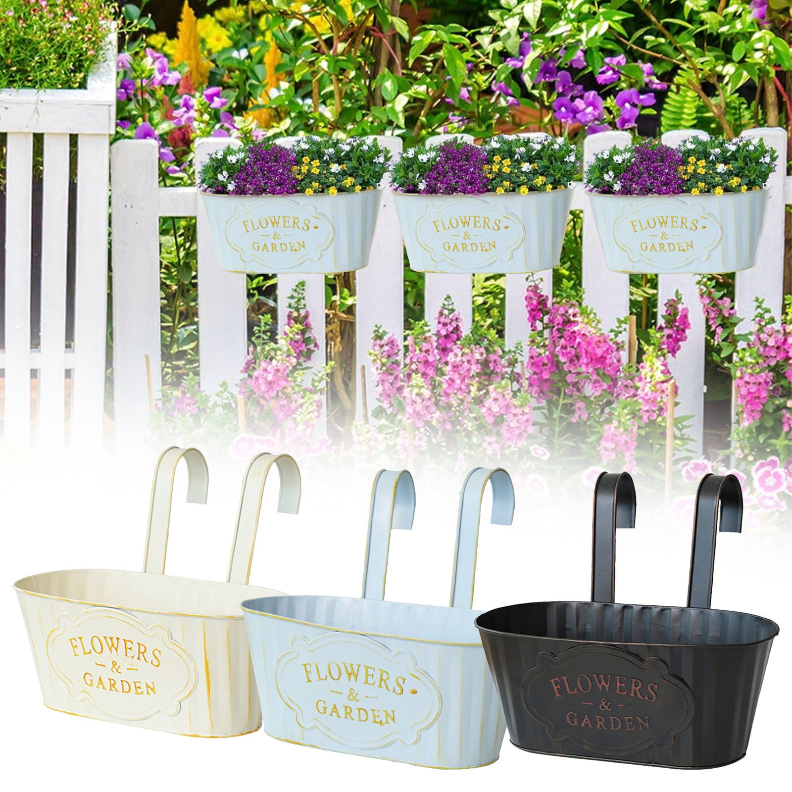 Metal Hanging Flower Pots for Railing Fence, Metal Iron Bucket Fence ...