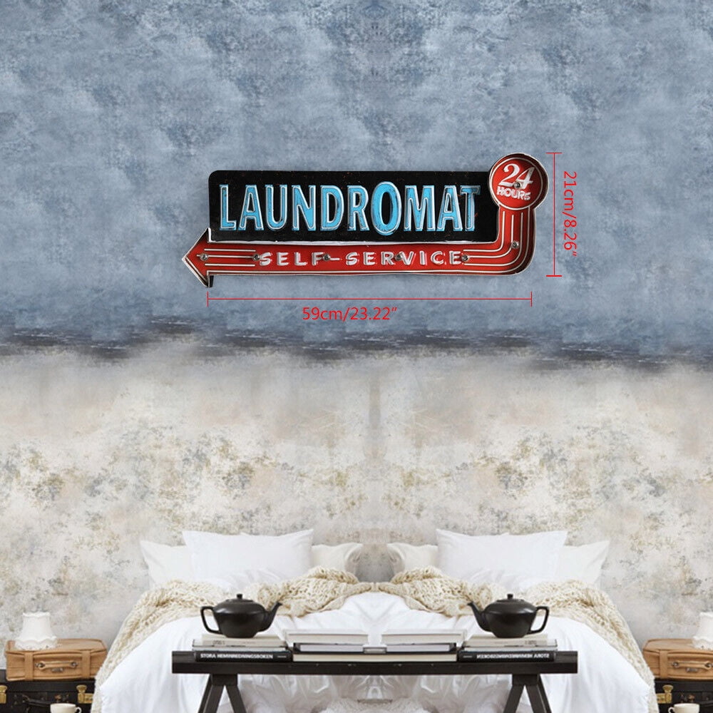 Metal Hanging Signs LAUNDROMAT Laundry Shop Vintage LED Light Art Wall ...
