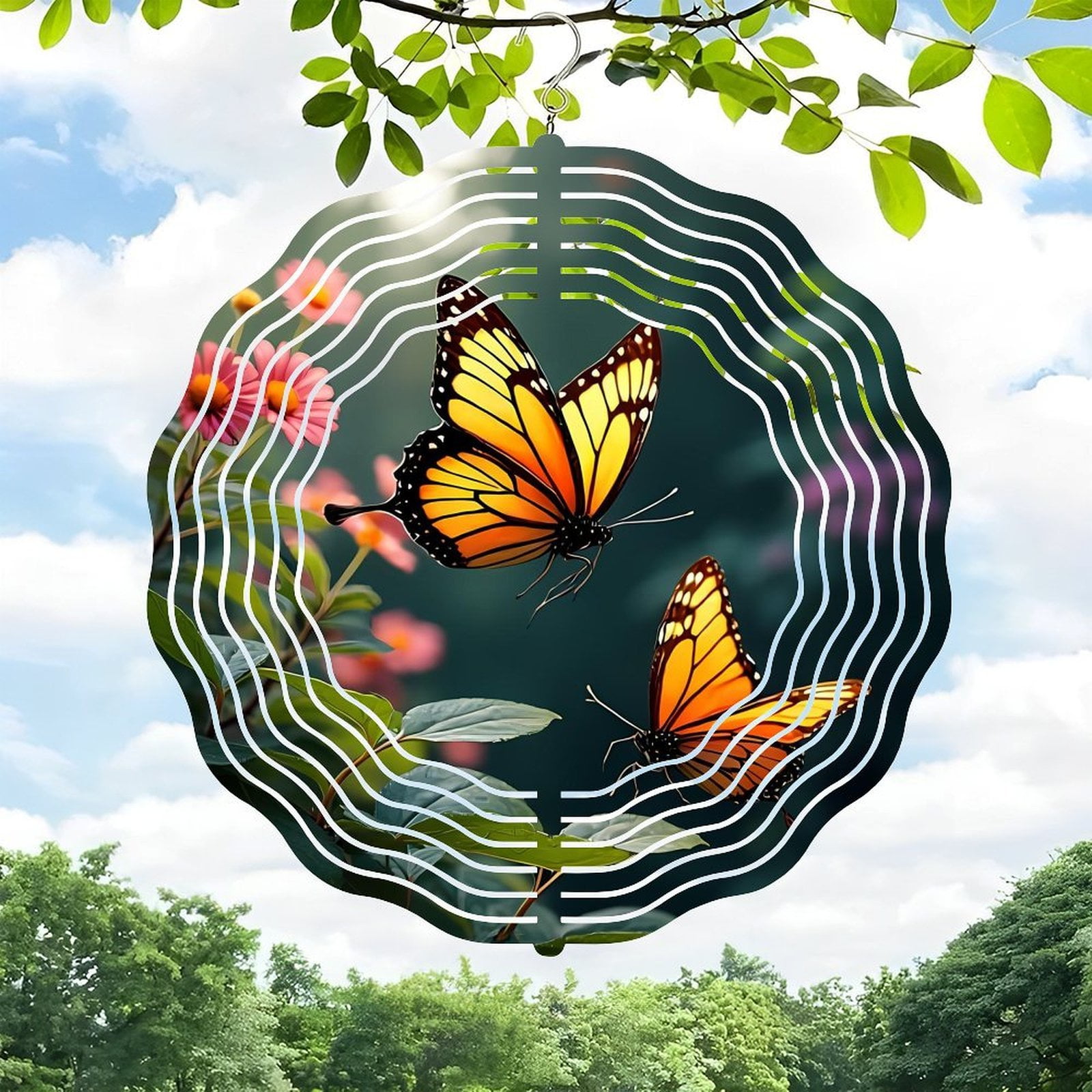 Metal Hanging Wind Spinner with Butterfly Motif - Vibrant Floral Design ...