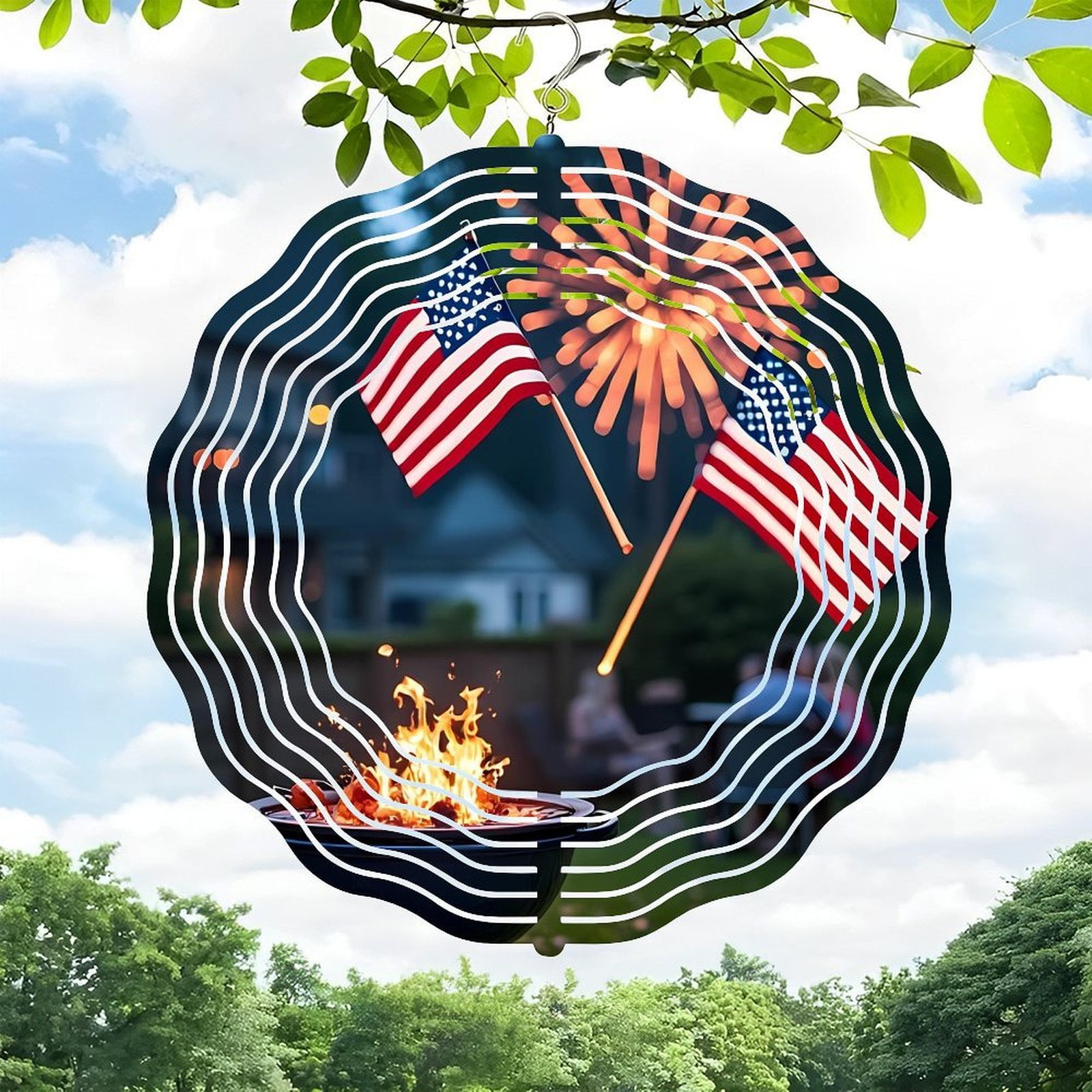 Metal Hanging Wind Spinner with Concentric Circles & American Flags ...
