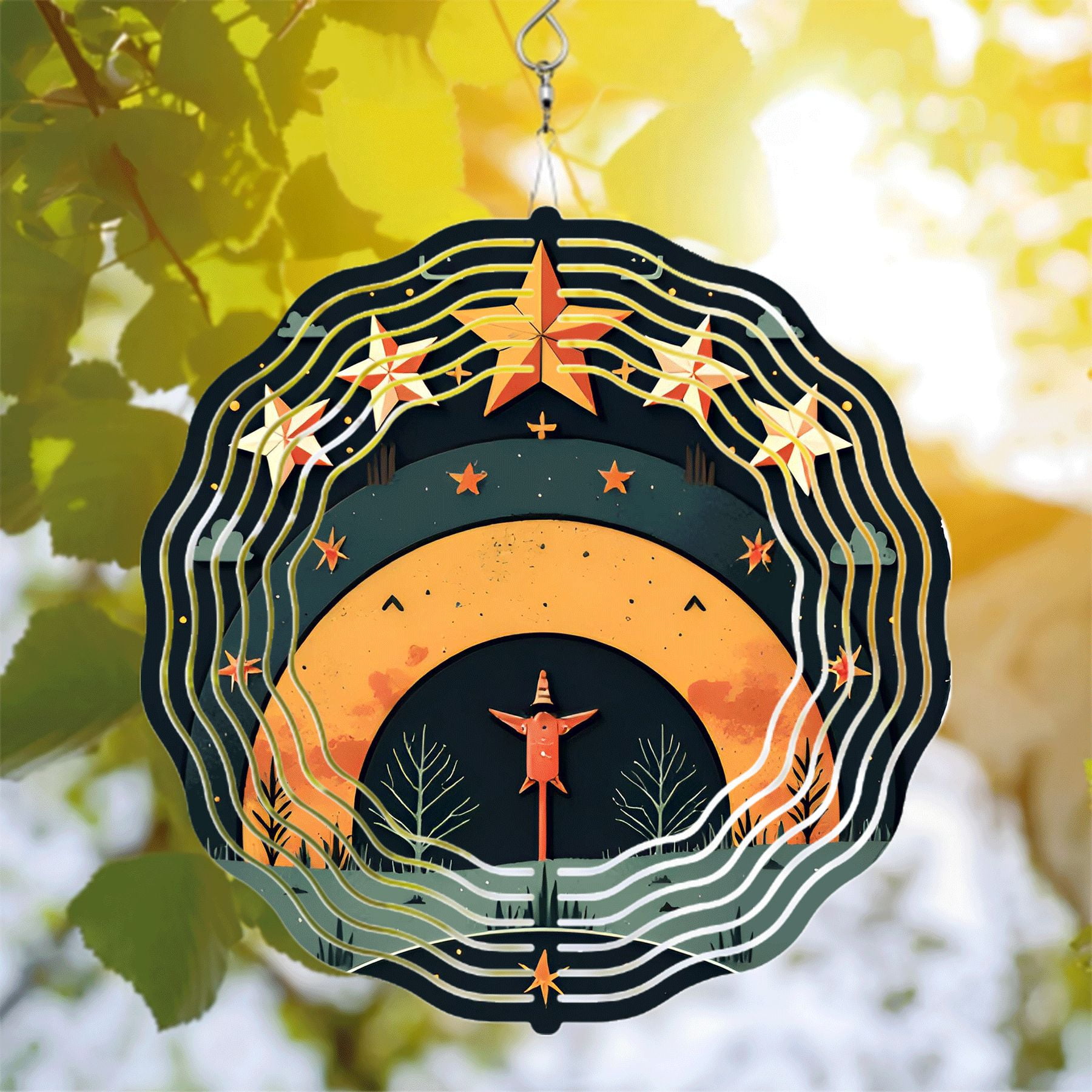 Metal Hanging Wind Spinner with Concentric Circular Design Orange Stars ...