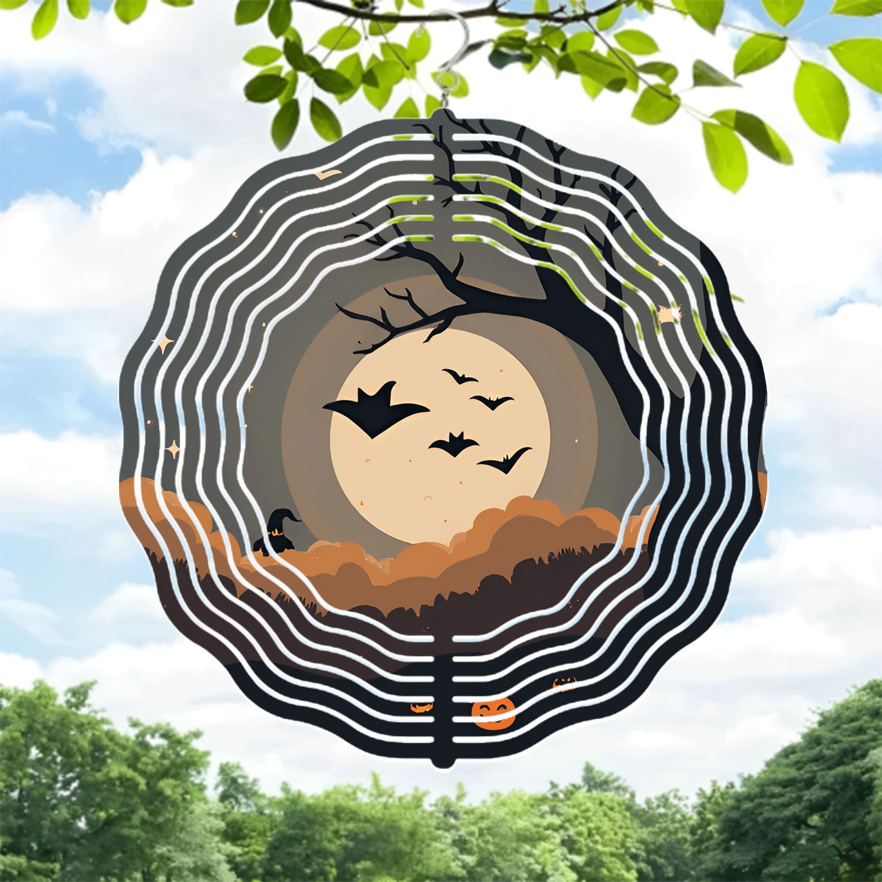 Metal Hanging Wind Spinner with Concentric Wave Patterns & Bat ...