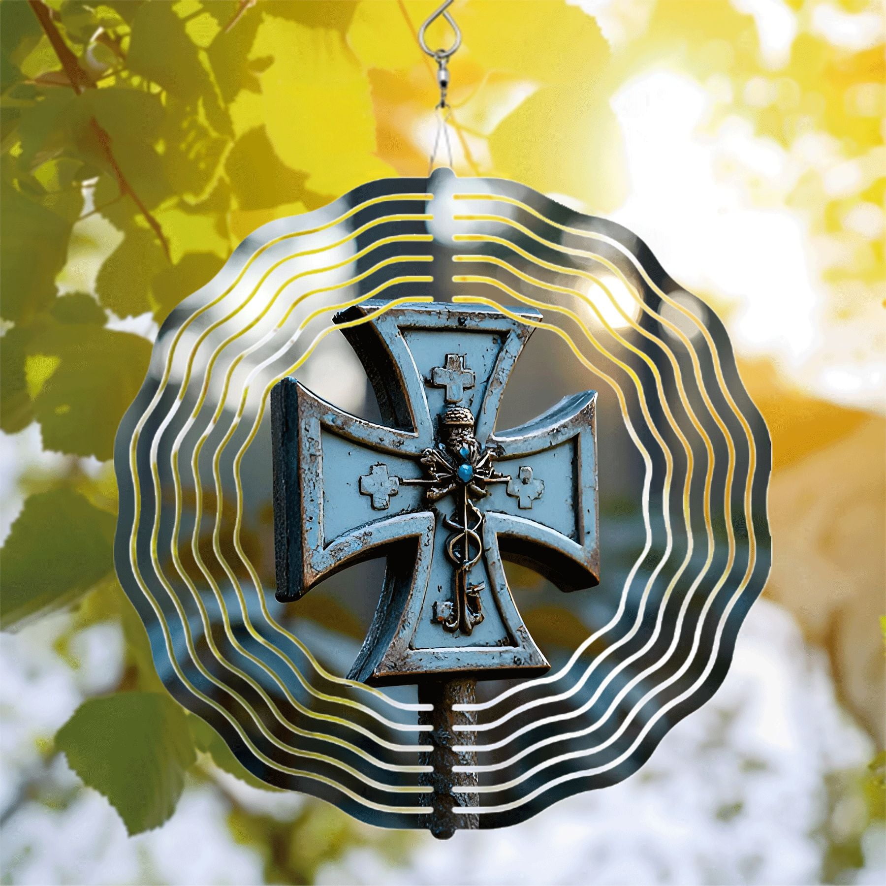 Metal Hanging Wind Spinner with Cross Design Skull & Snake Motif Rustic ...