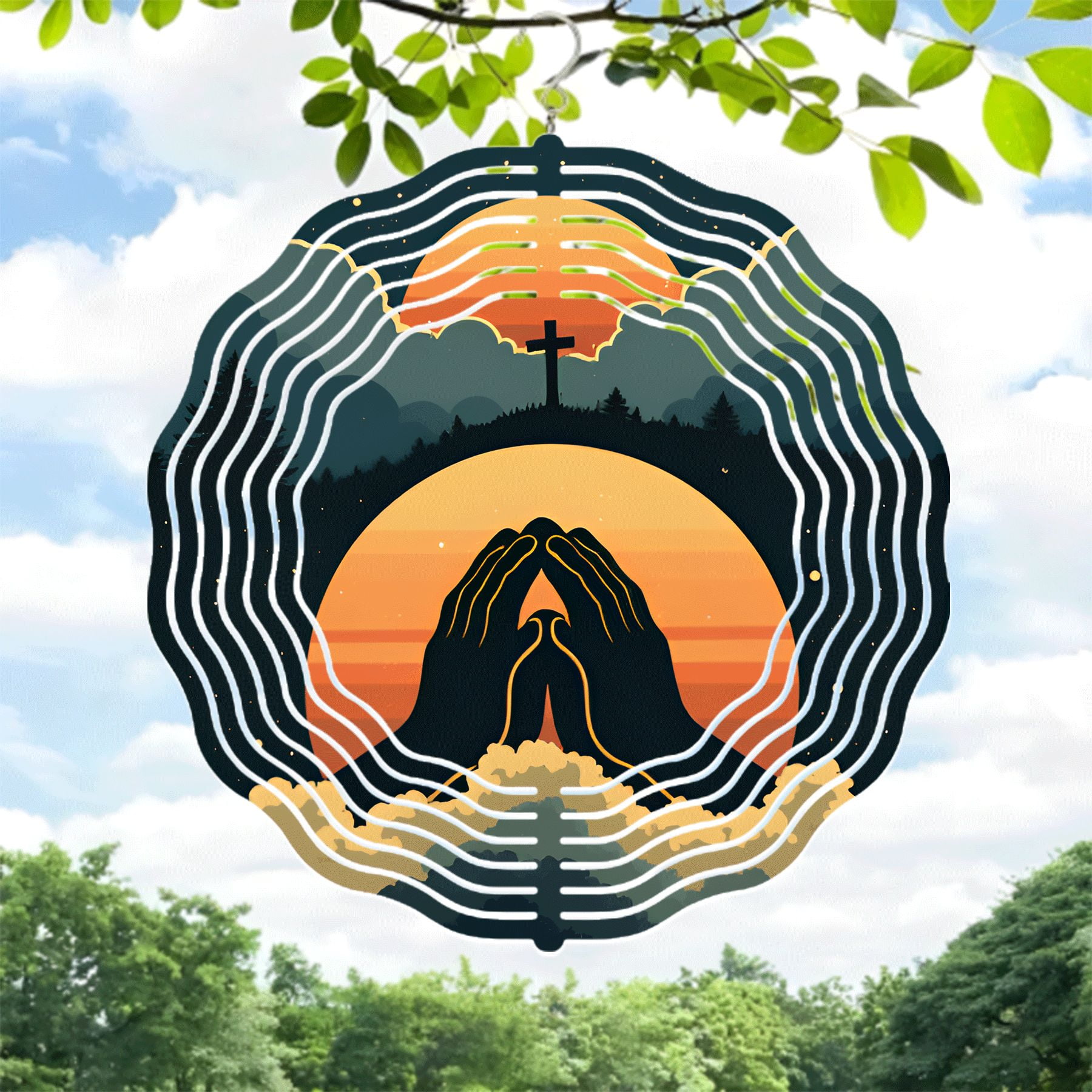 Metal Hanging Wind Spinner with Cross and Prayer Hands Design ...