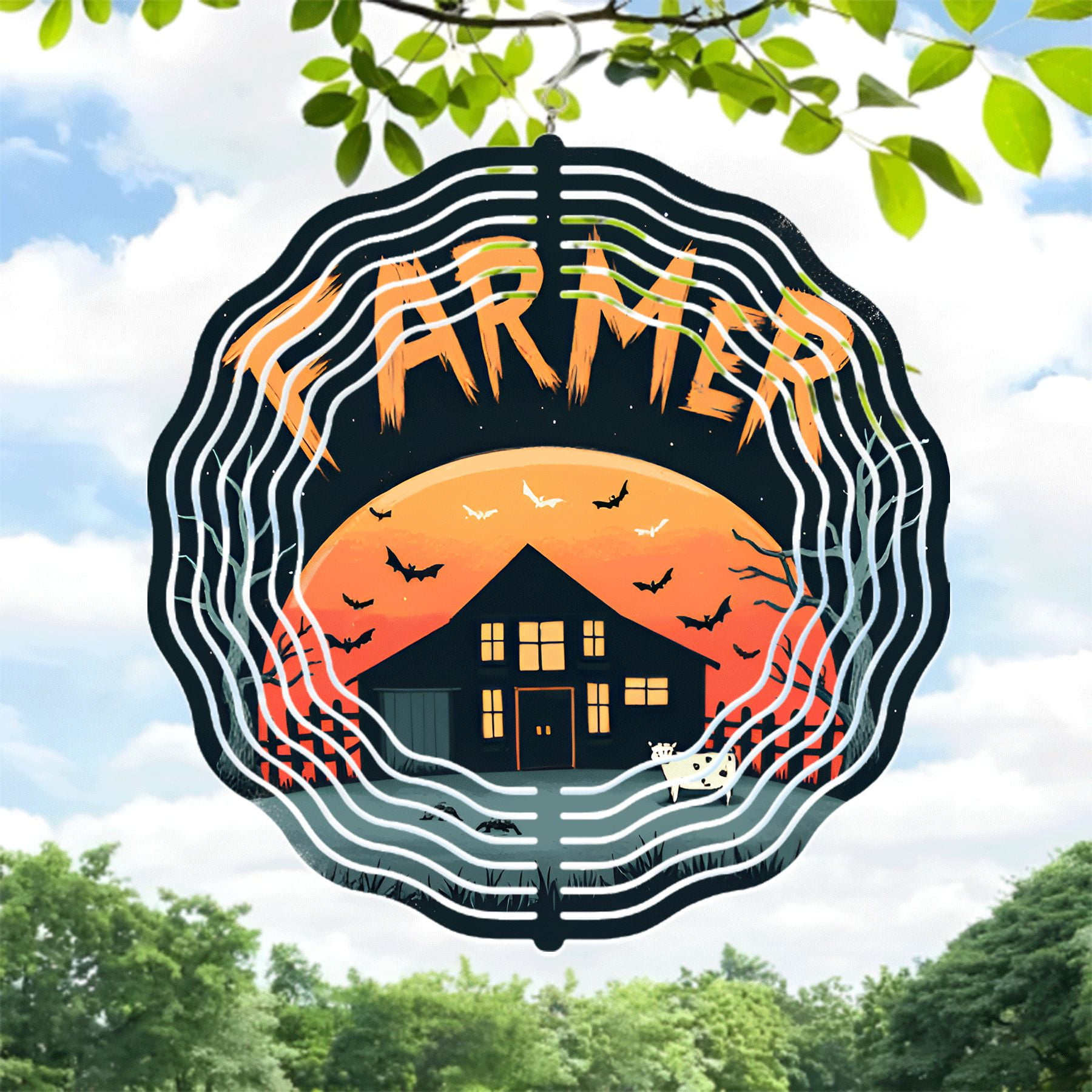 Metal Hanging Wind Spinner with Farmhouse Design - Bats & Cow at Sunset ...