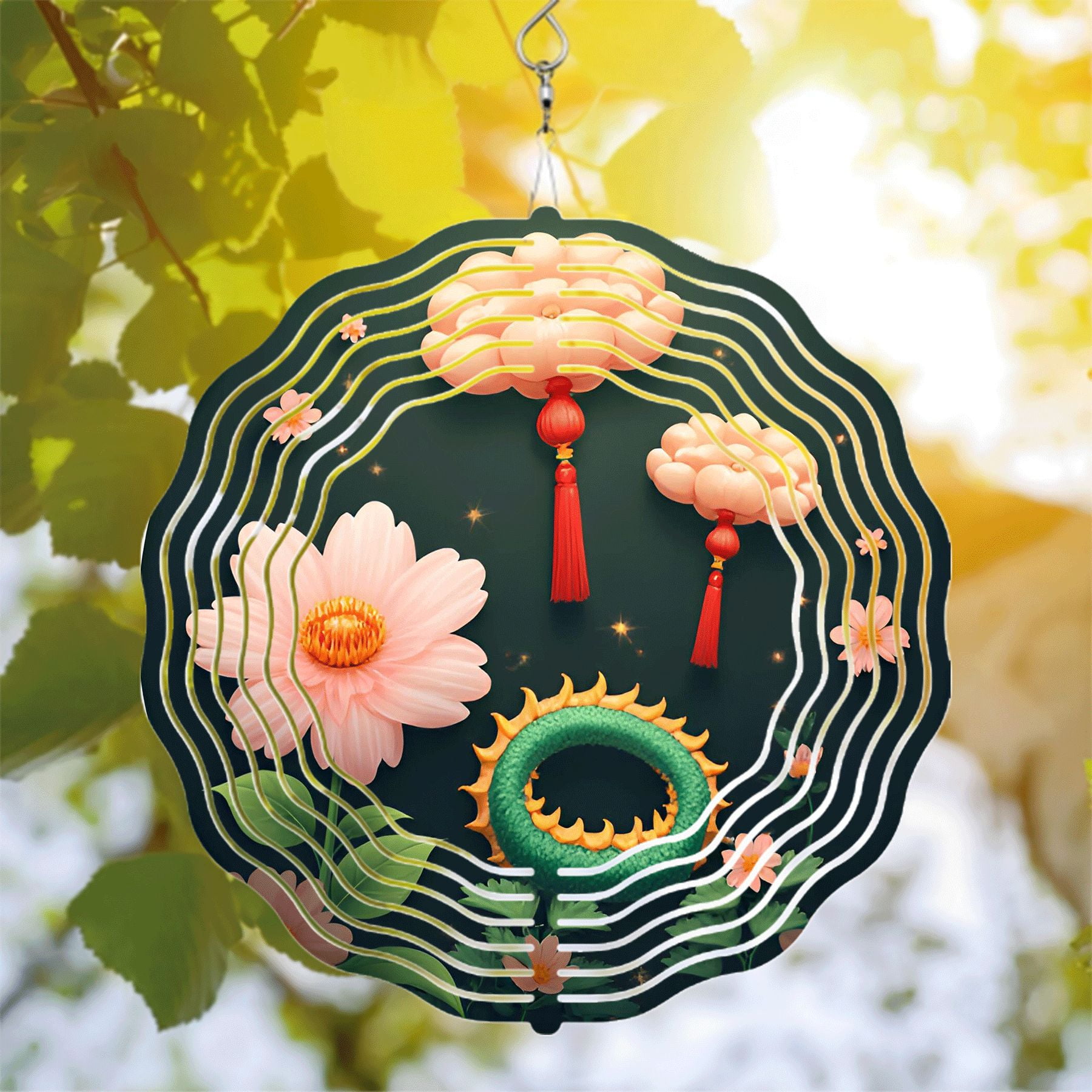 Metal Hanging Wind Spinner with Peach Clouds Red Tassels Green Dragon ...