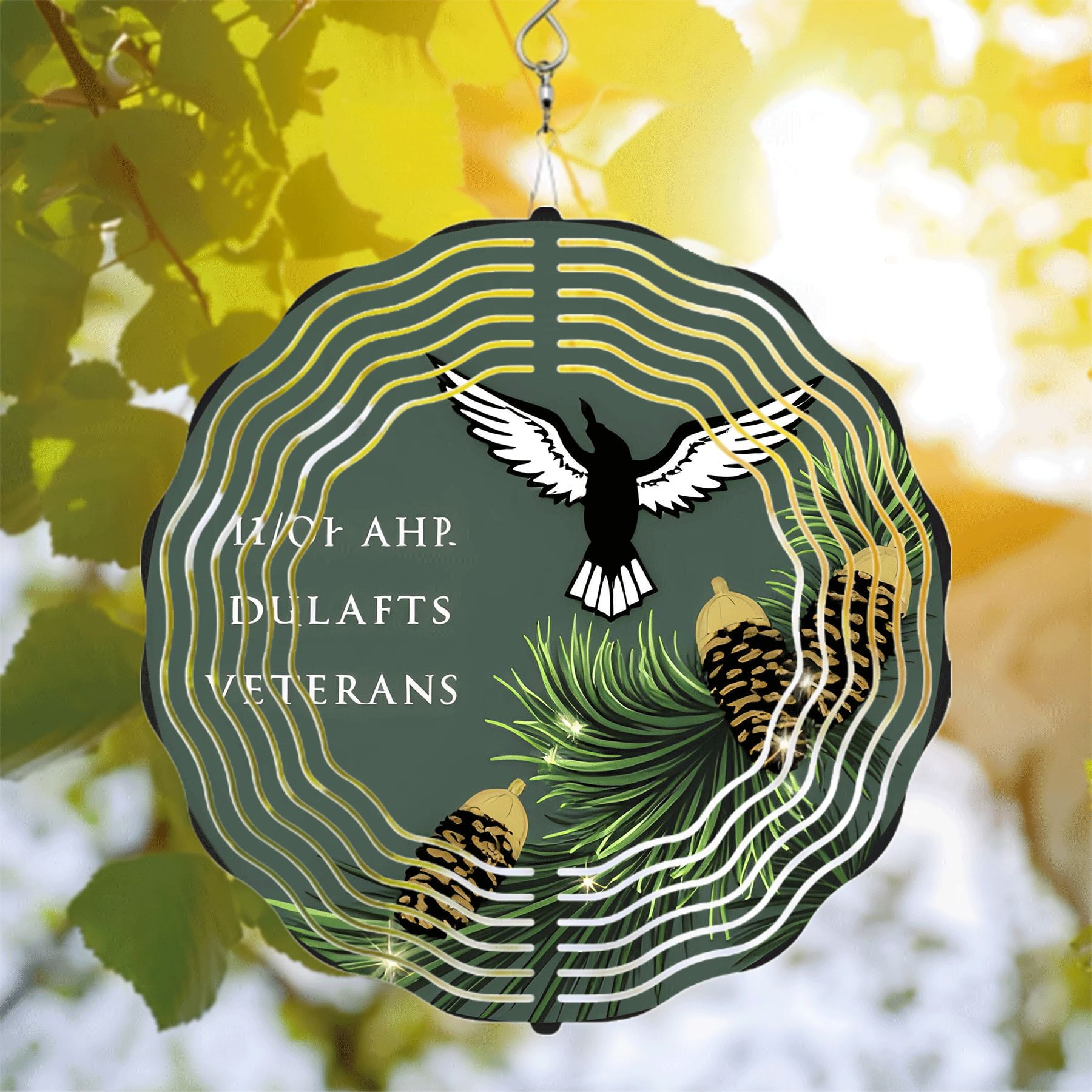Metal Hanging Wind Spinner with Tree Ring Design Bird Silhouette & Pine ...