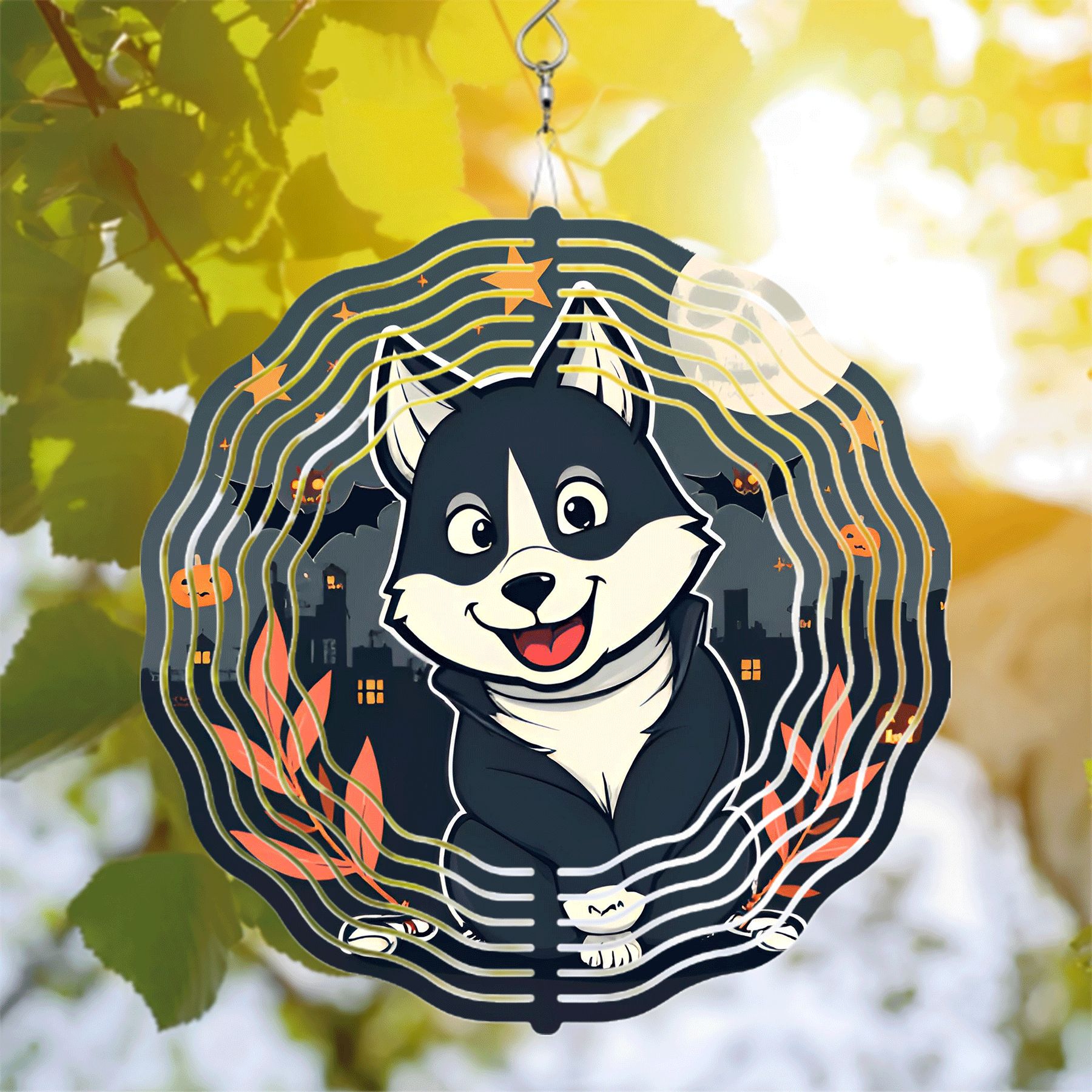 Metal Hanging Wind Spinners & Chimes - Cheerful Black & White Dog ...