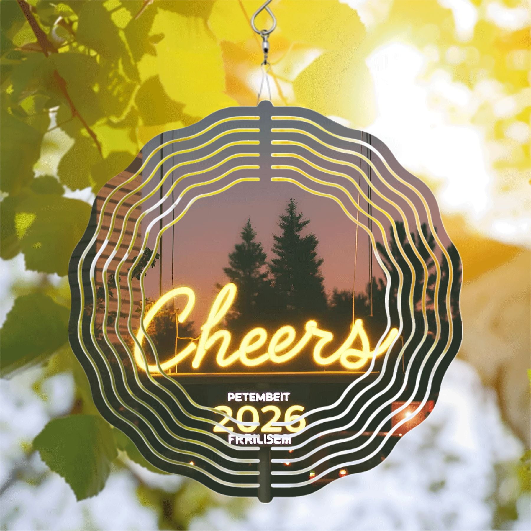 Metal Hanging Wind Spinners & Chimes - Twinkling Neon ' Cheers ' Design ...