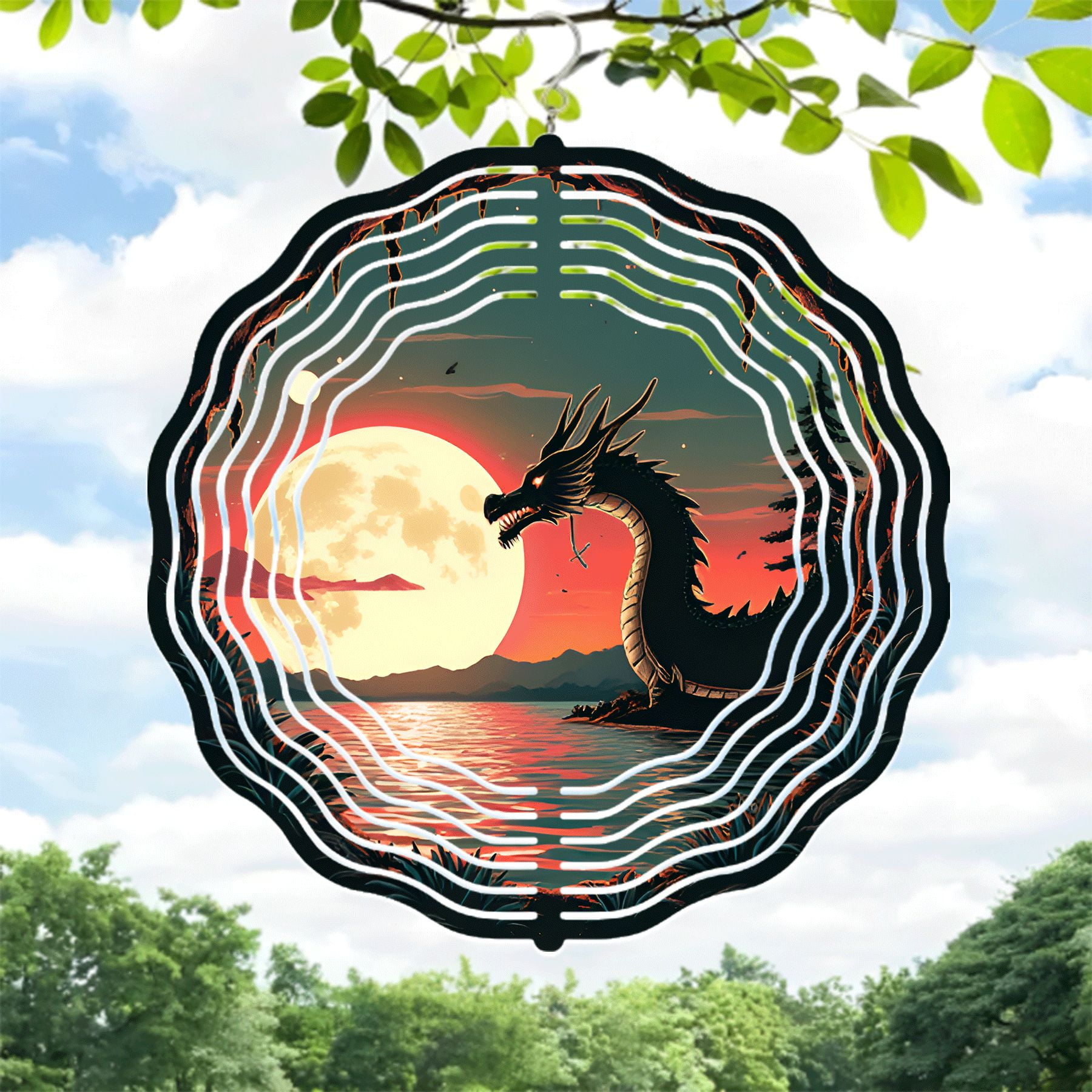 Metal Hanging Wind Spinners - Dragon Design with Glowing Moon Vibrant ...