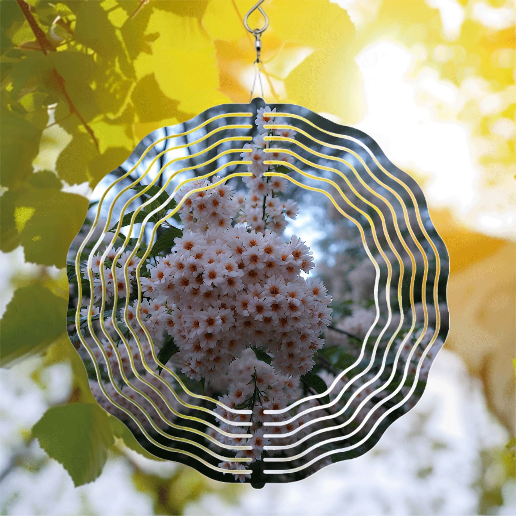 Metal Hanging Wind Spinners with Abstract Floral Design - Elegant White ...