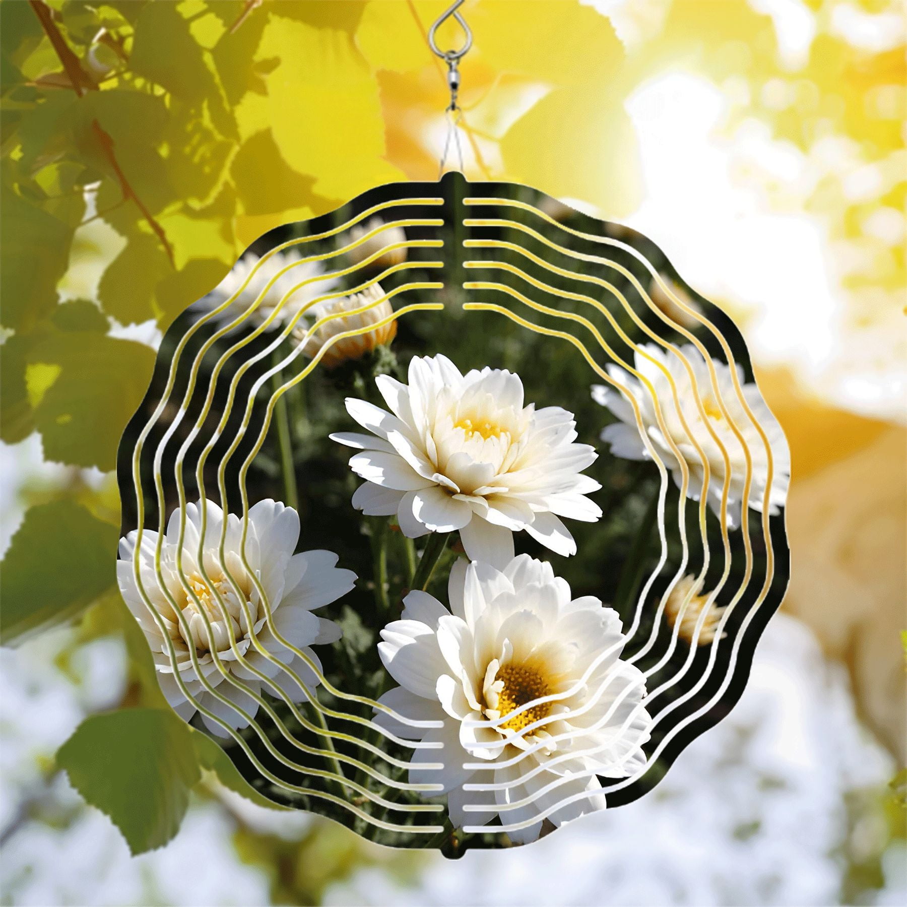 Metal Hanging Wind Spinners with Artistic Circular Flower Design & Wavy ...