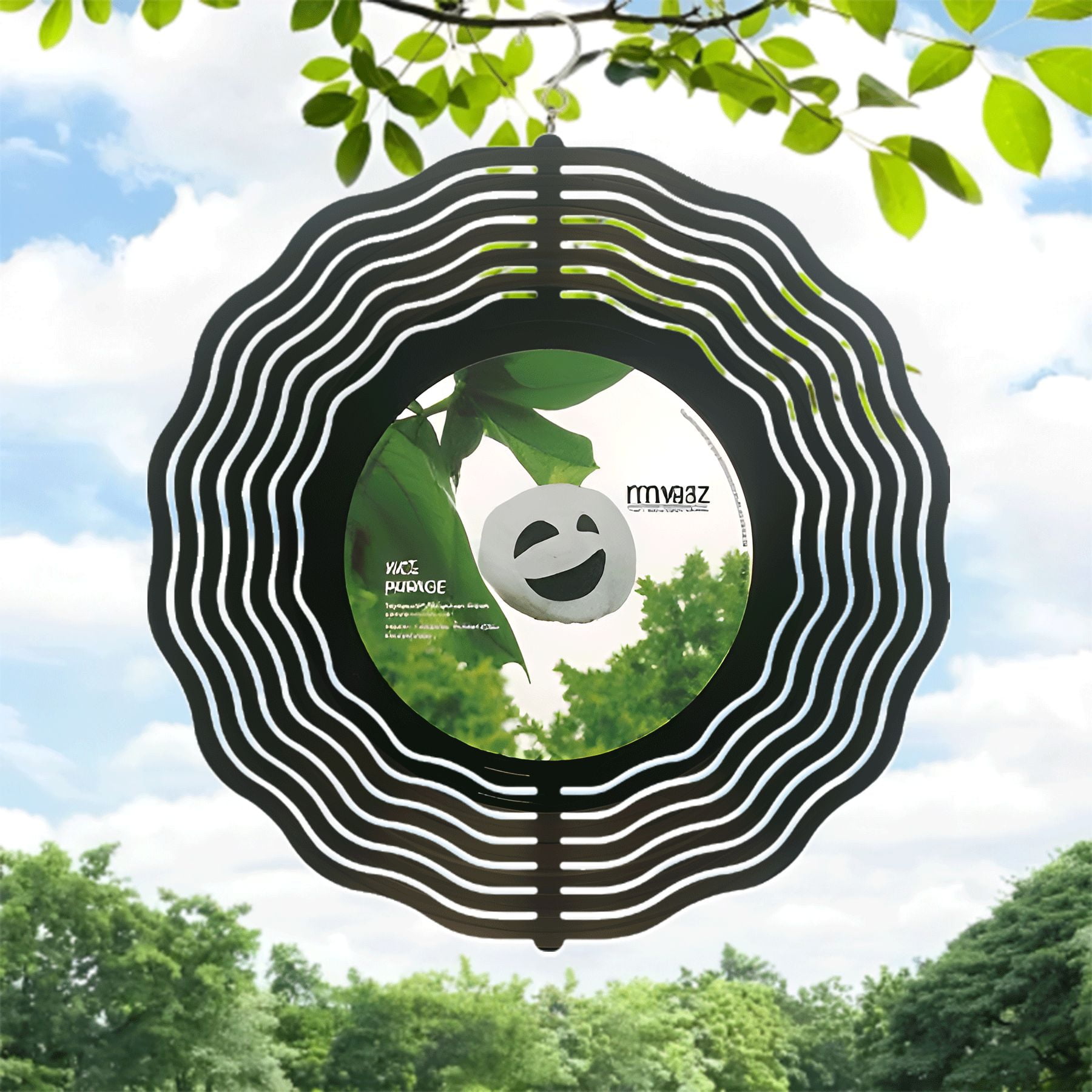 Metal Hanging Wind Spinners with Black & White Wave Pattern Green Leafy ...