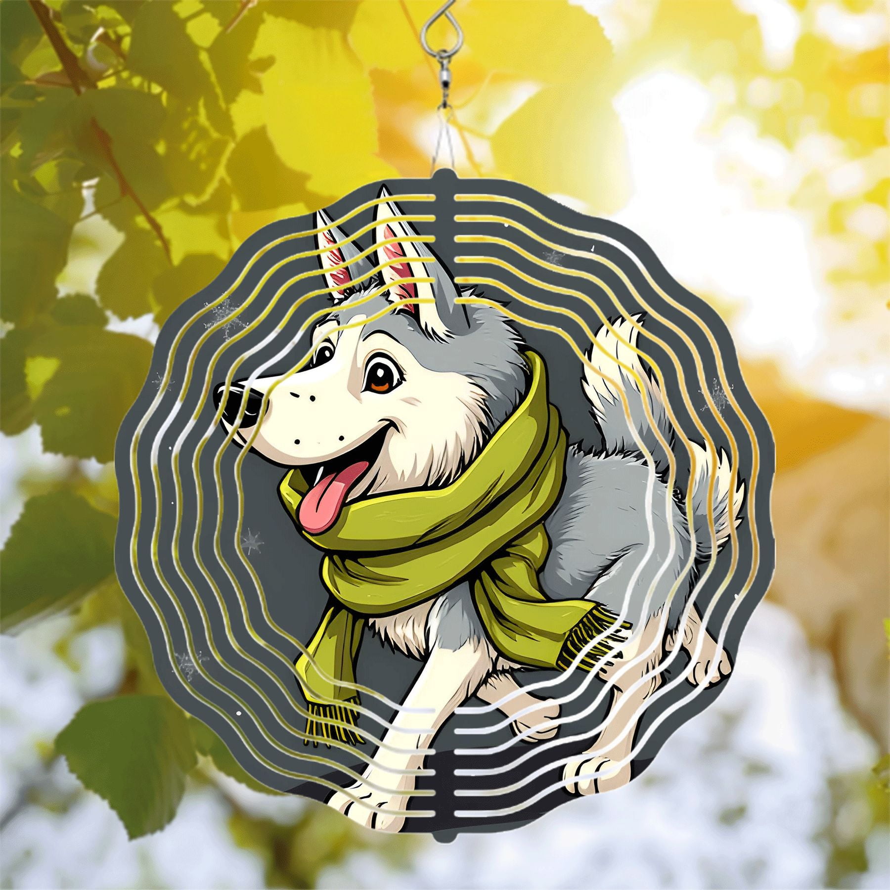 Metal Hanging Wind Spinners with Cartoon Dog Design - Gray & White Coat ...
