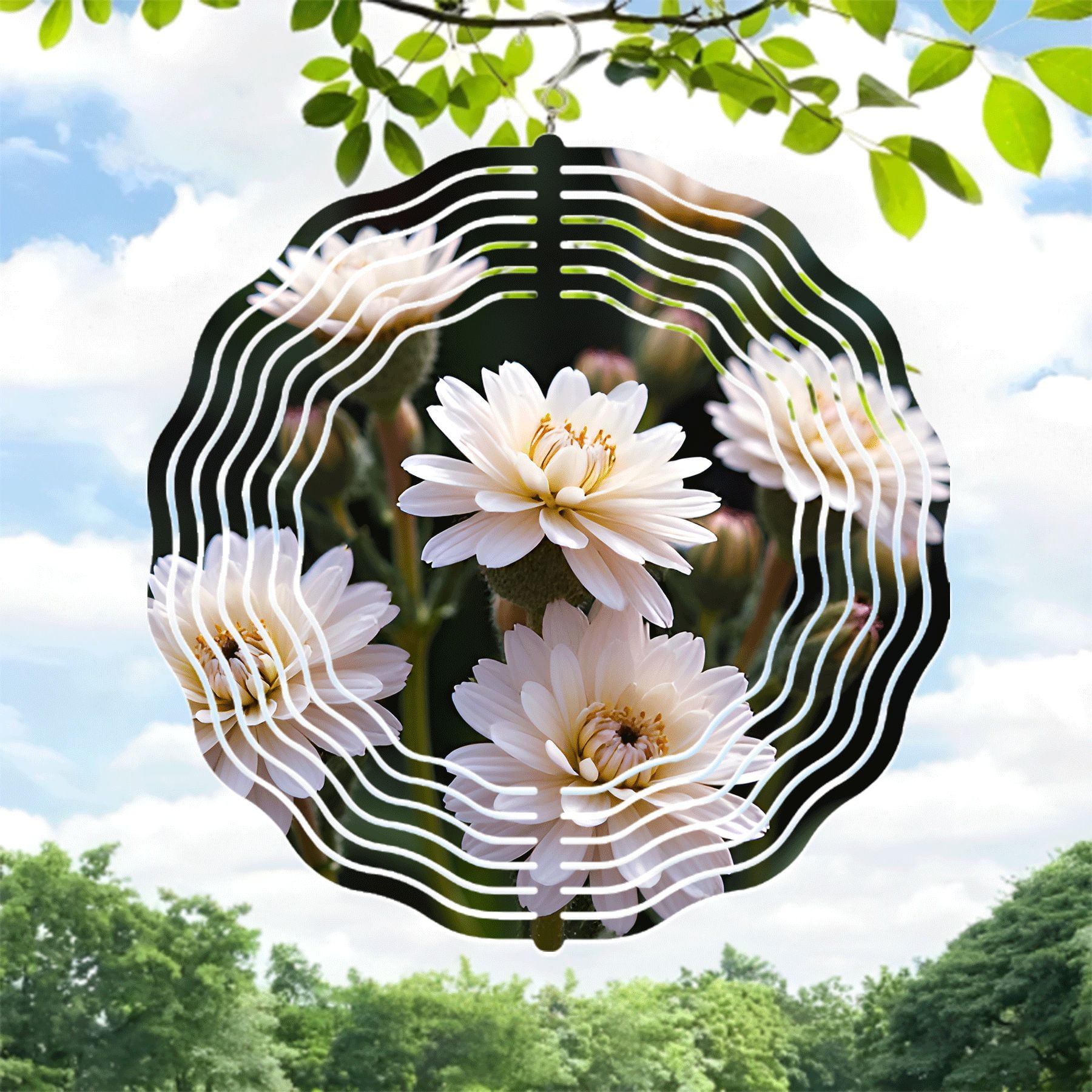 Metal Hanging Wind Spinners with Circular Wave Design - Elegant White ...