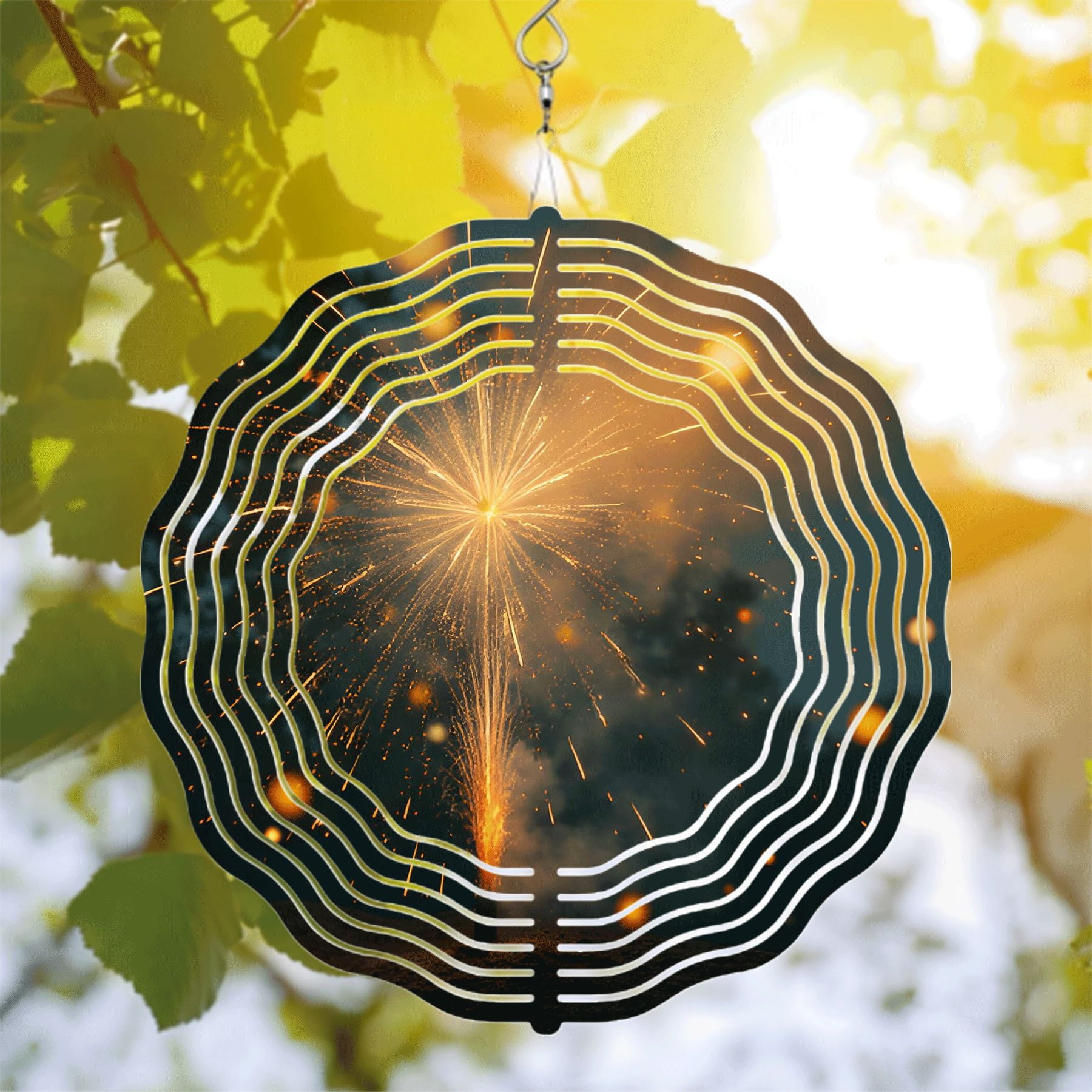 Metal Hanging Wind Spinners with Concentric Circular Pattern & Firework ...